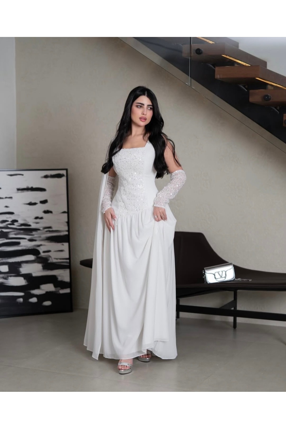 Azyaa Al-Amira فستان سهرة أبيض طويل بتصميم أنيق وراقي- ترينديول