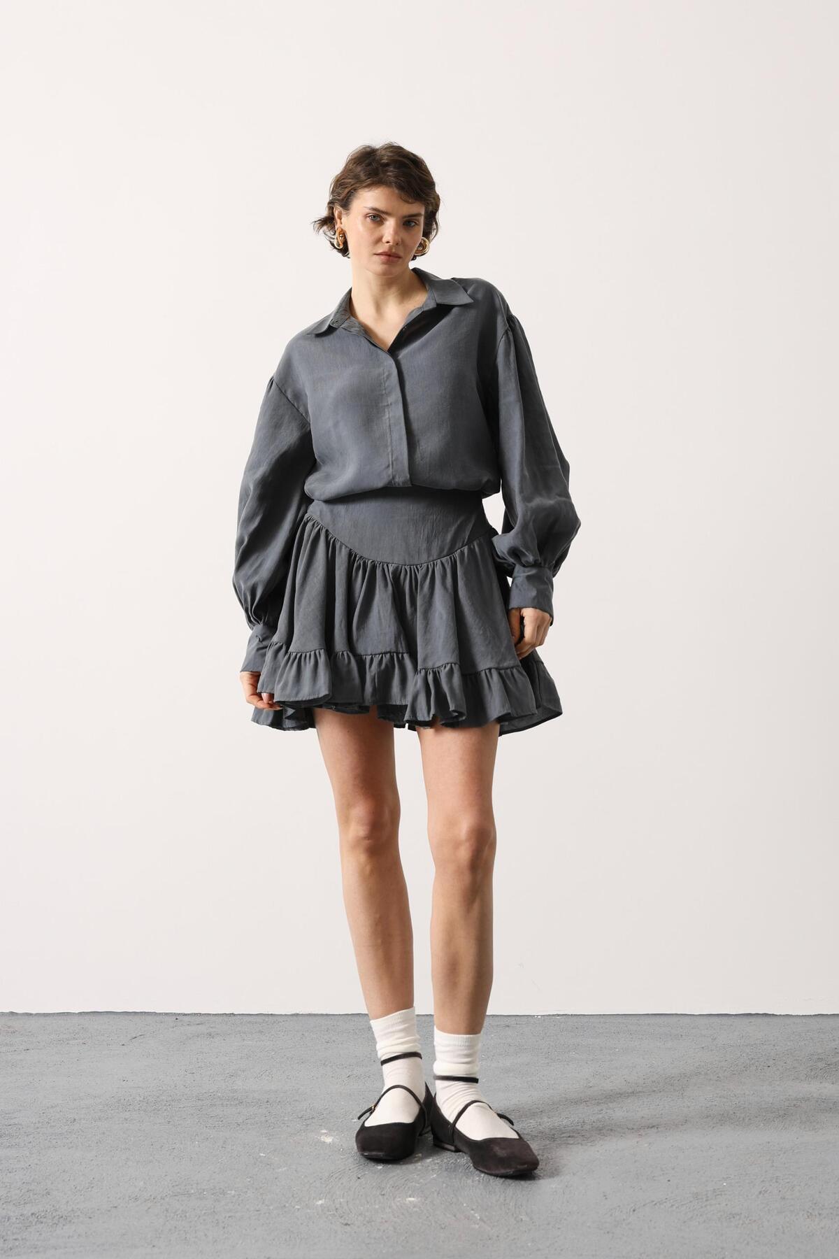 CKM MODA Virella Volanlı Mini Etek Antrasit - Fiyatı, Yorumları