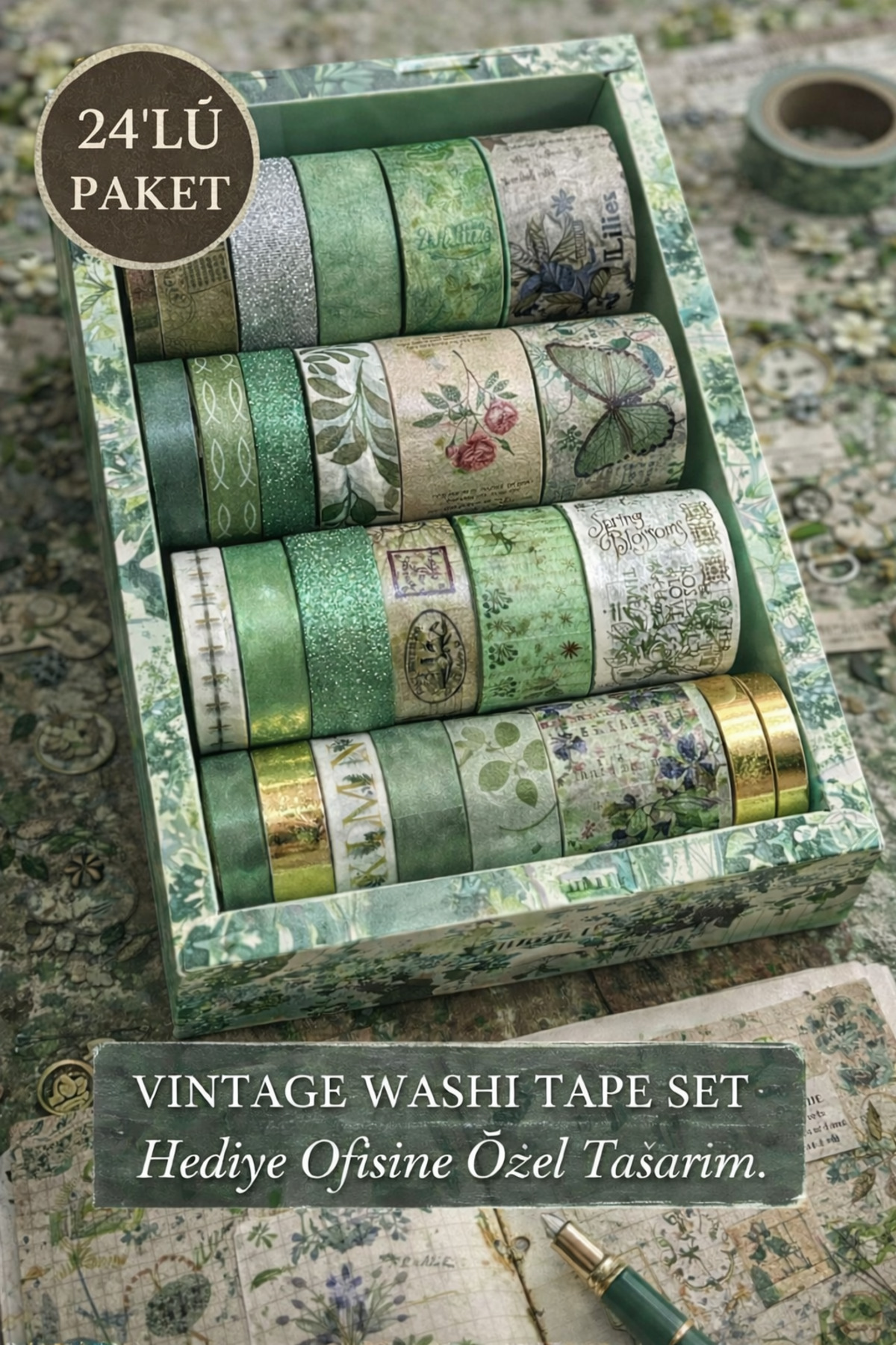 hediyeofisi Yeşil Vintage Washi Bant Seti 24’lü | Scrapbook & Bullet ...