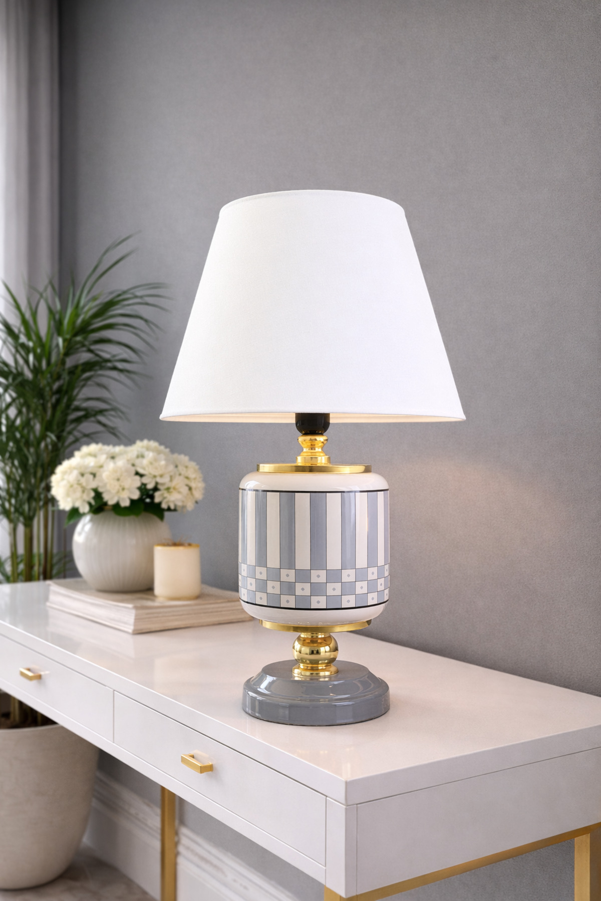 ferayhome Abajur Aydınlatma Seramik Oval Kare Dik Çizgi Gri Beyaz Şapka ...