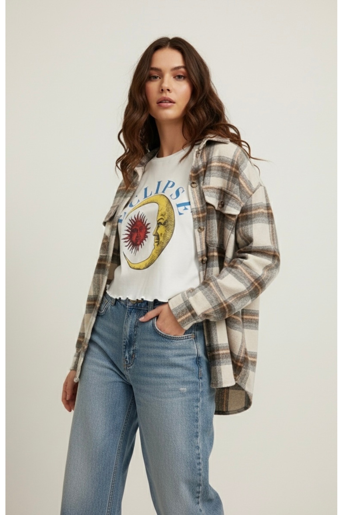 AS Anita Store Kadın Beyaz Eclipse Güneş ve Ay Baskılı Marul Kenar Crop ...