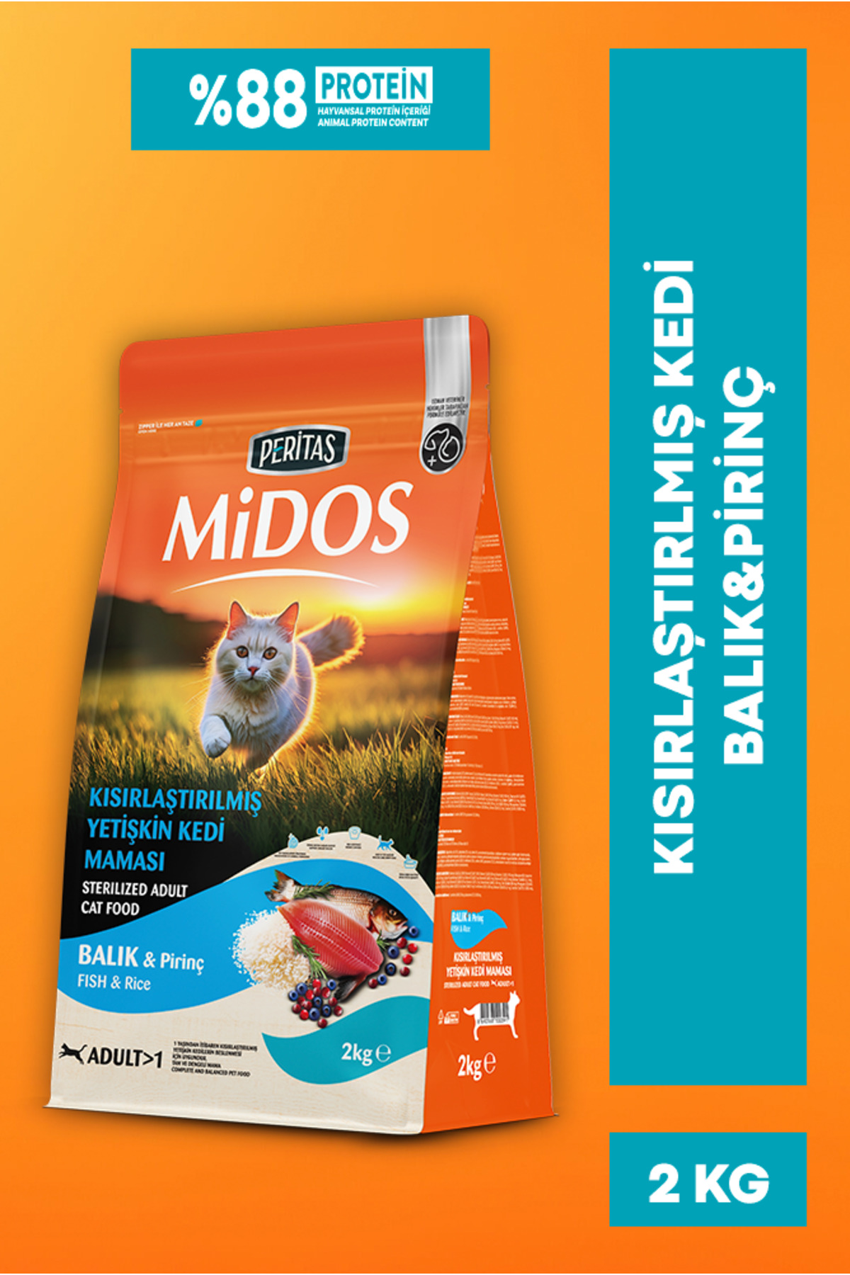 MİDOS Balık ve Pirinçli Kısırlaştırılmış Yetişkin Kedi Maması 2kg ...