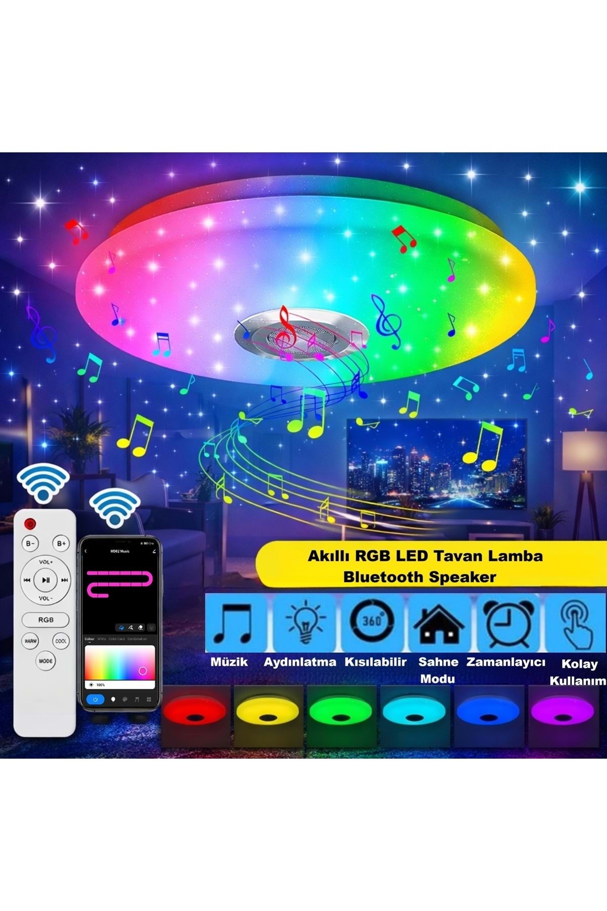 HyMark Akıllı Tavan Smart Life RGB LED Lamba Bluetooth Müzik 60W 220V ...