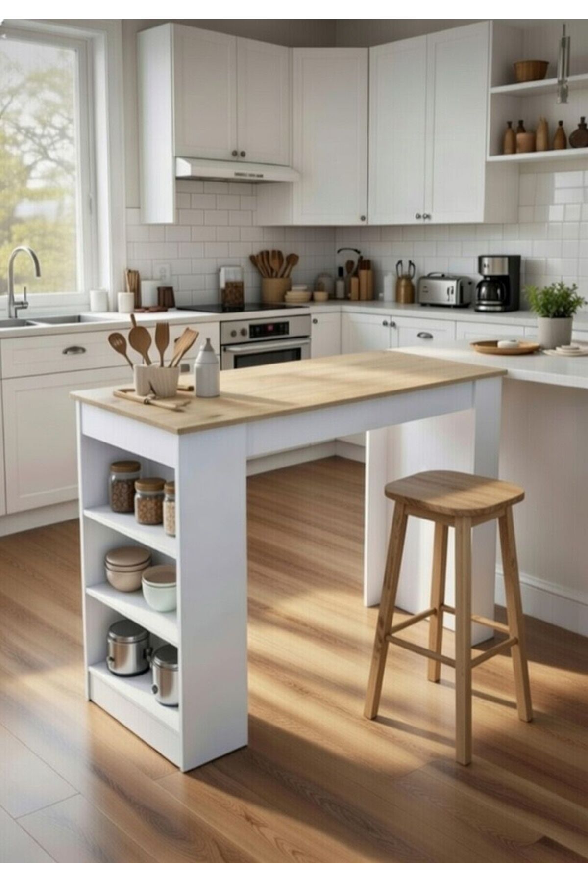Mobipak Home Lusi MK016 3 Raflı Bar, Mutfak ve Yemek Masası Ceviz-Beyaz ...
