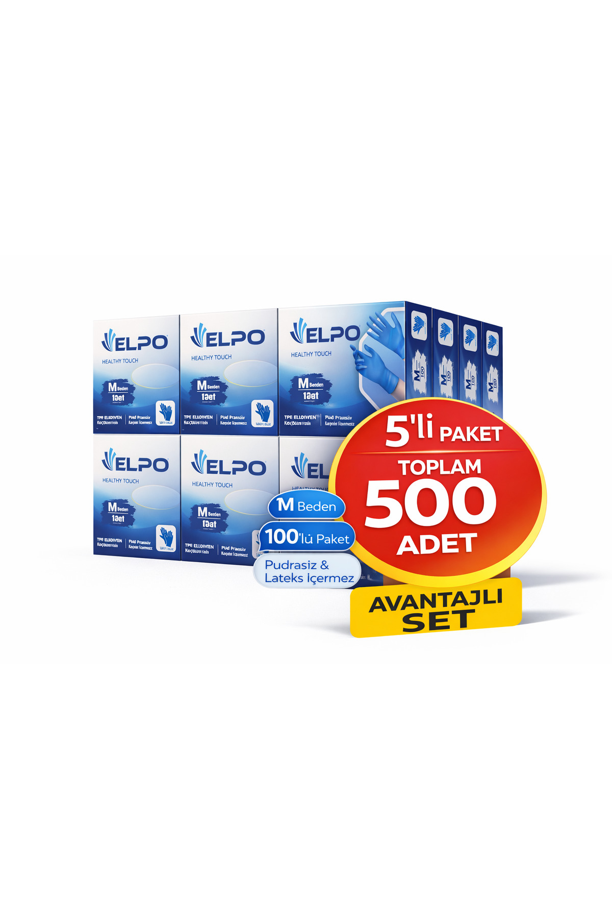 ELPO KİMYA Elpo TPE Eldiven Mavi M Beden 5’li Paket (500 Adet ...