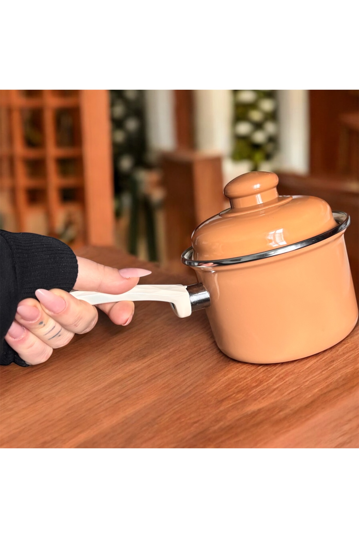 ALEV EMAYE 12 cm Kapaklı, saplı Emaye Sütlük – Sosluk – nude Kahverengi ...