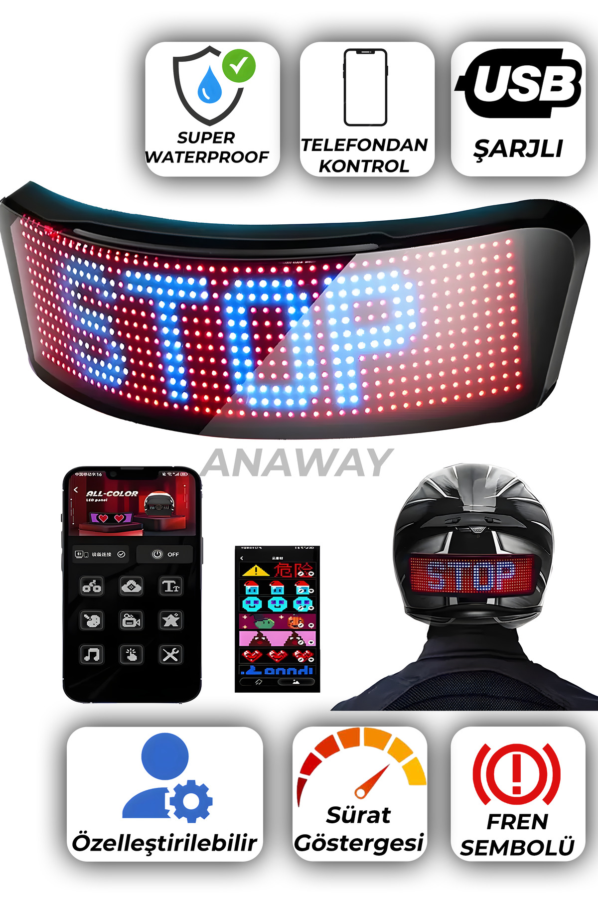 anaway shopping Led Kask Ekranı, Motosiklet Kask Uyarı Işığı Gece Sürme ...
