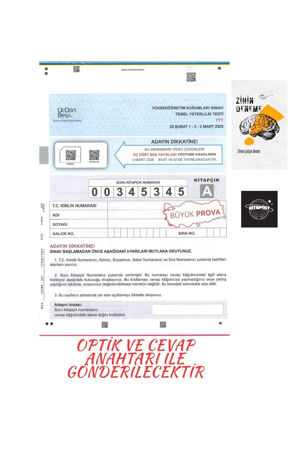 Karma Kitaplar TÜRKİYE GENELİ TYT 1ADET KURUMSAL DENEME OPTİK VE CEVAP ...