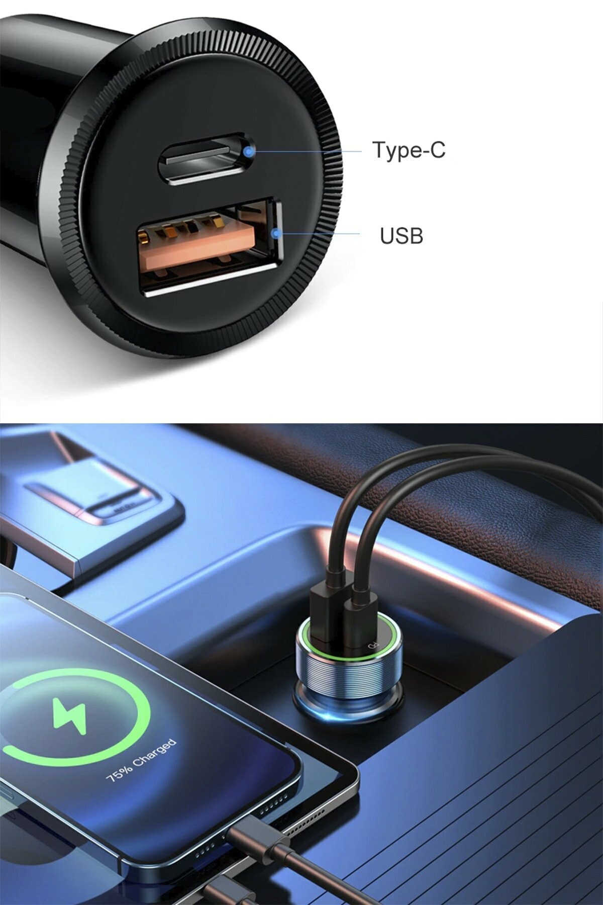 NOYİSKA Araba Aksesuar Seti Type-c Girişli Çakmaklık Şarz Cihazı Soketi ...