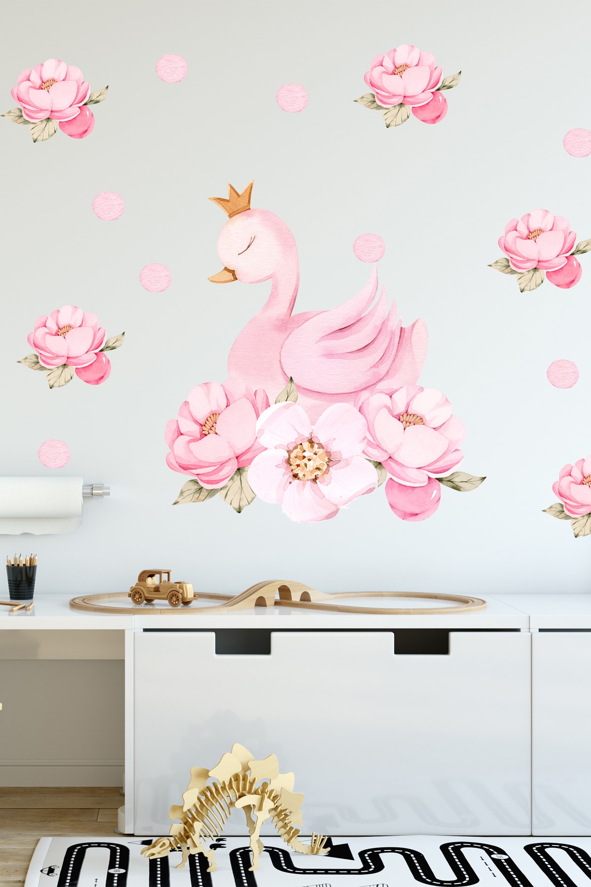 Sim Tasarım Pembe Çiçekli Kuğu Ve Puantiyeler Duvar Sticker Seti Fiyatı ...