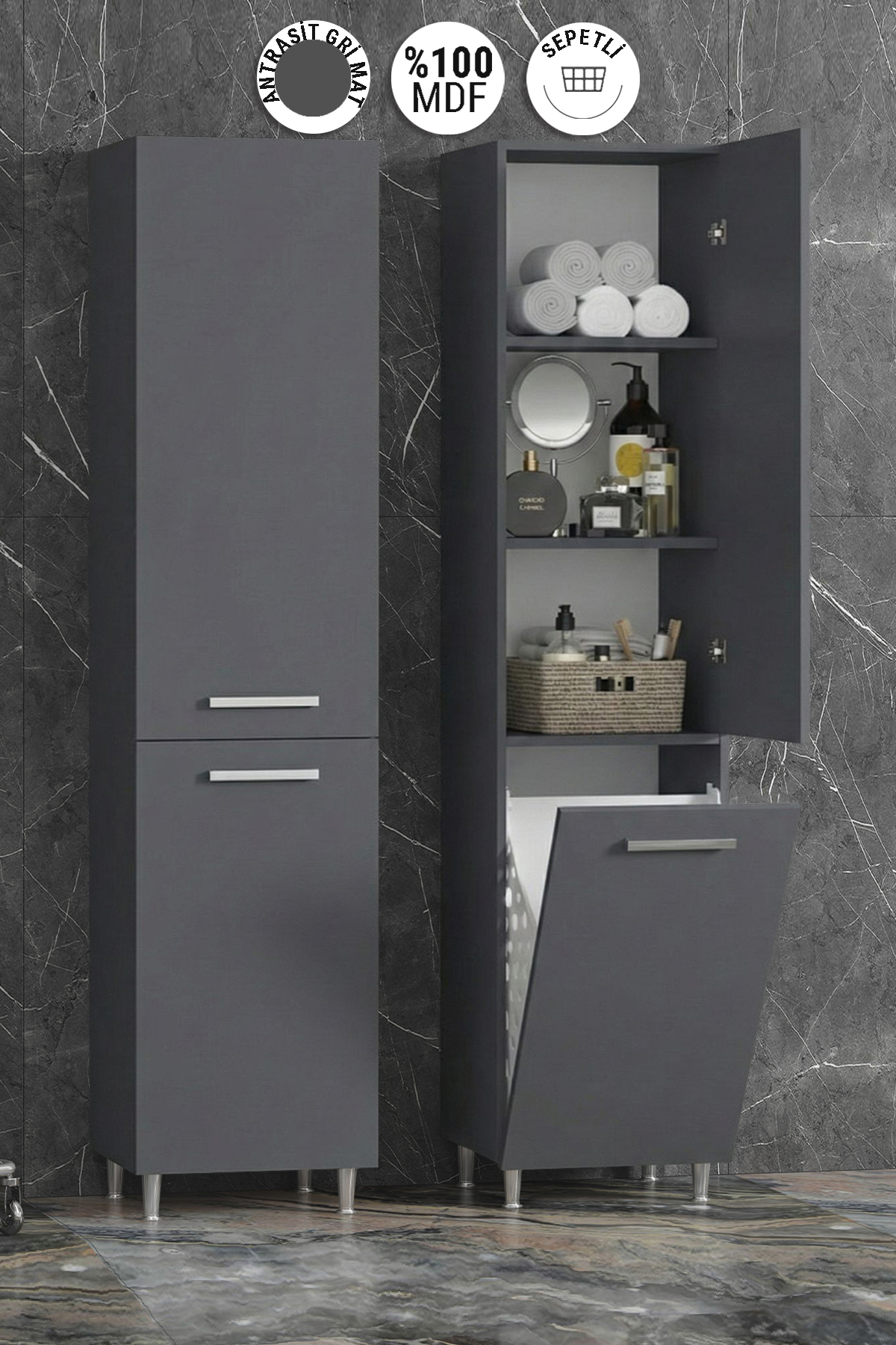 ÖZCEDEN Yeni Boy 35*167 cm Antrasit Gri Mat MDF Sepetli Ayaklı Banyo ...