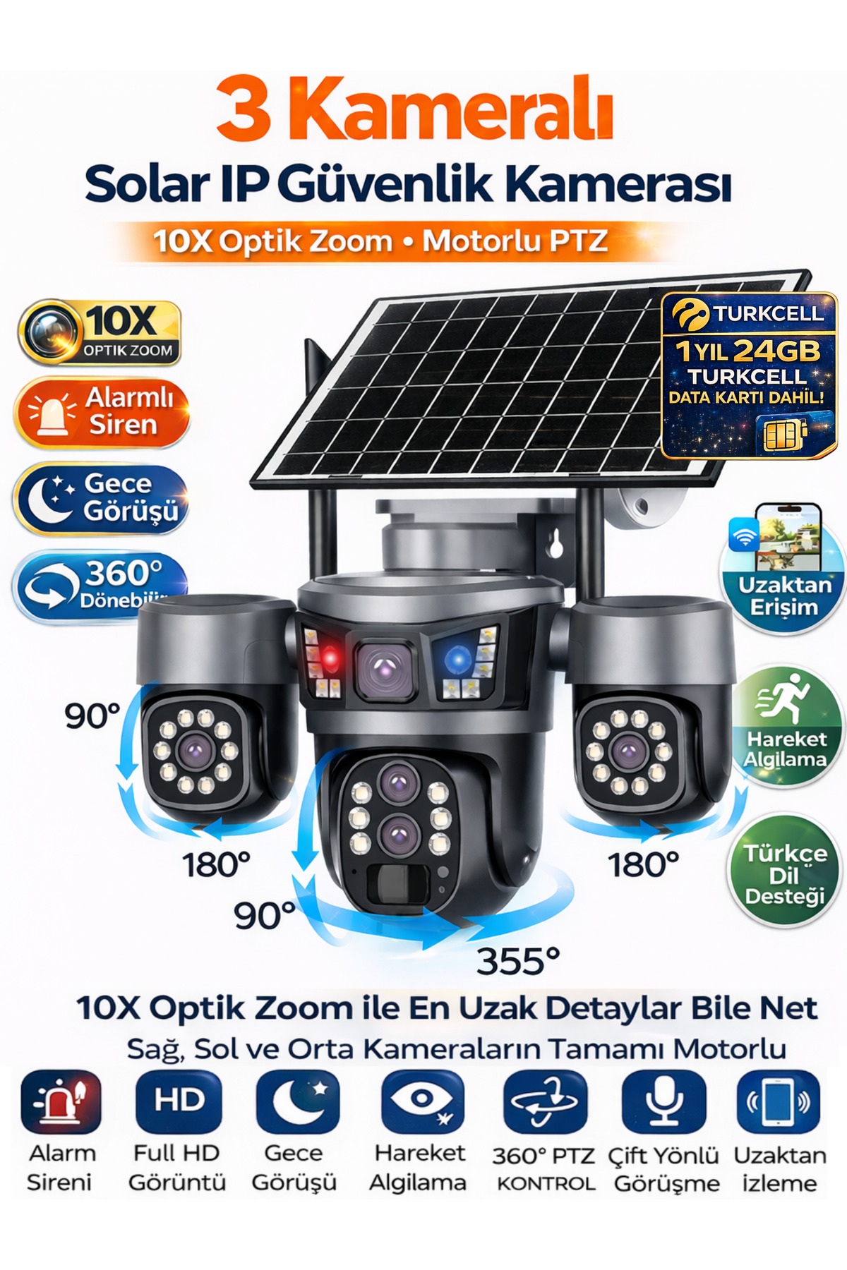 SONREİR RX99 3 Kameralı 3 Motor PTZ 4G Sim Kartlı Solar Güvenlik ...