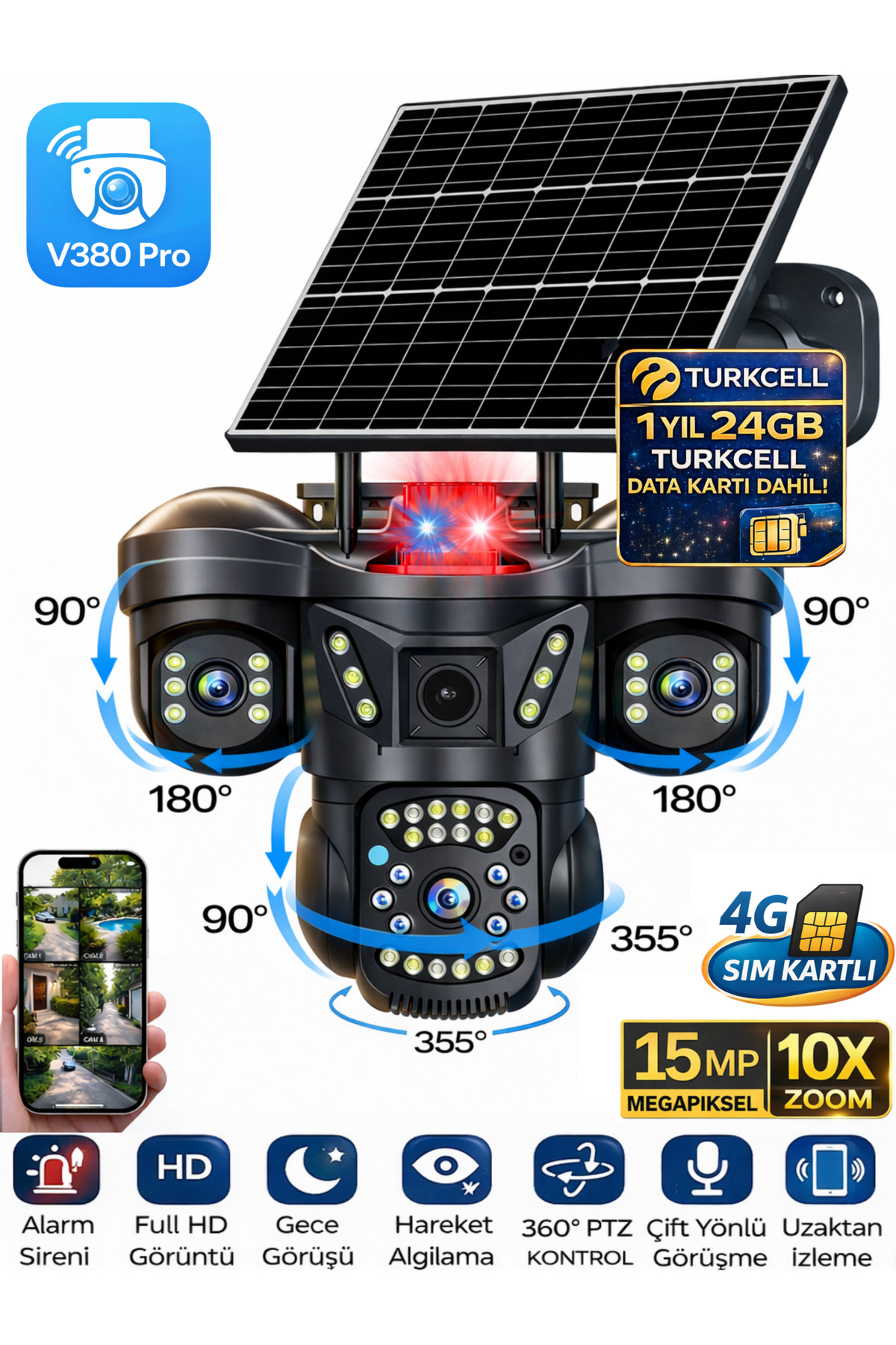 SONREİR ONQAM 3 Lensli 4G SIM Kartlı 360° PTZ Solar Güvenlik Kamerası ...