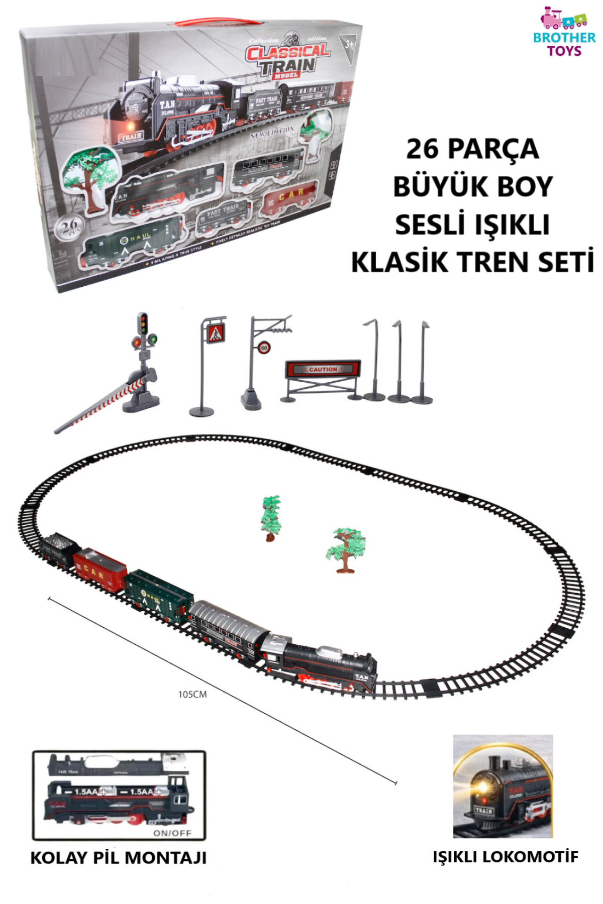 Brother Toys 26 Parça Büyük Boy Pilli Sesli Ve Işıklı Klasik Tren 105 ...