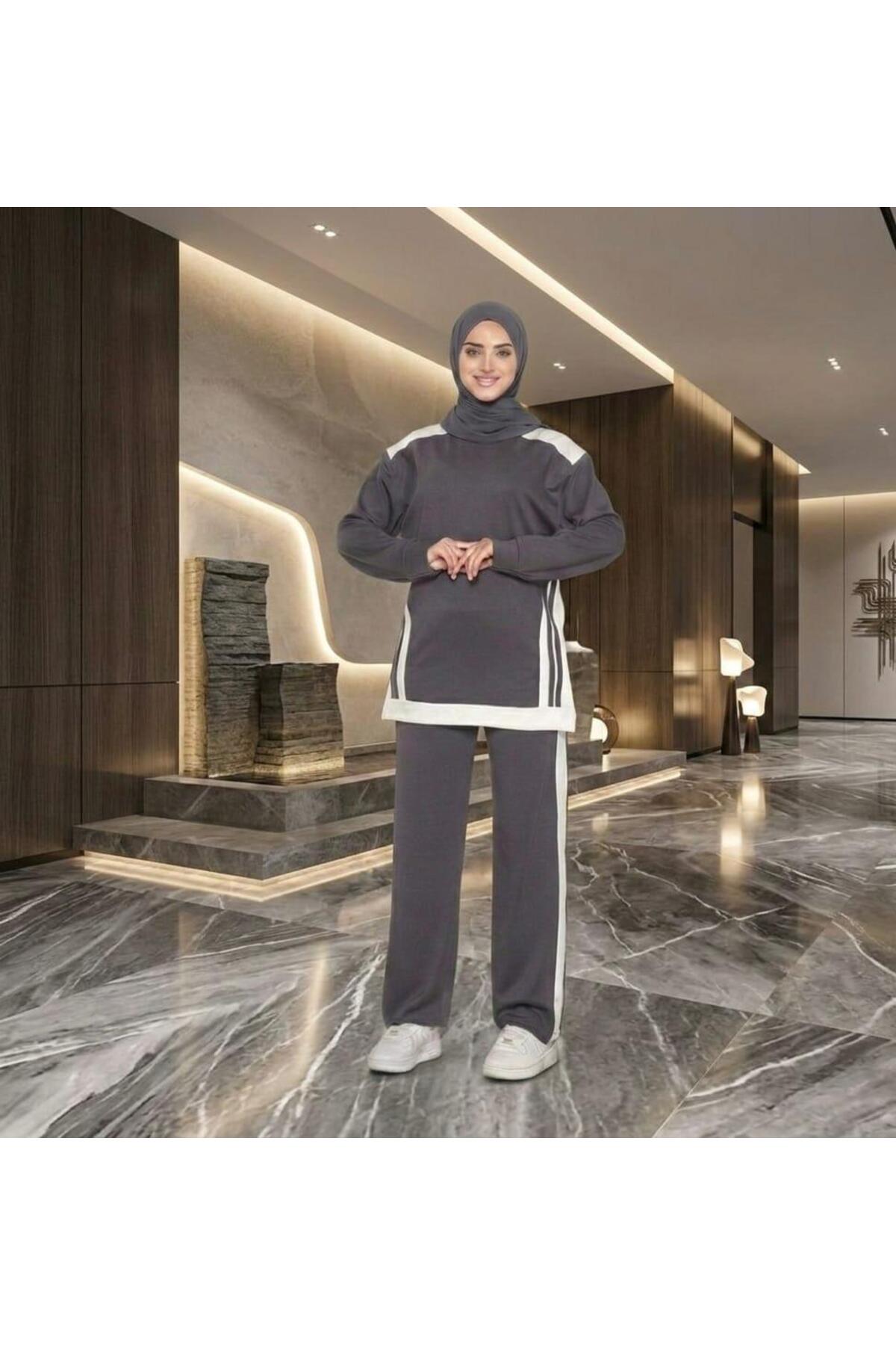 BEYAZTOPTAN Women's Striped Detail Hijab Tracksuit Set - Comfortable ...