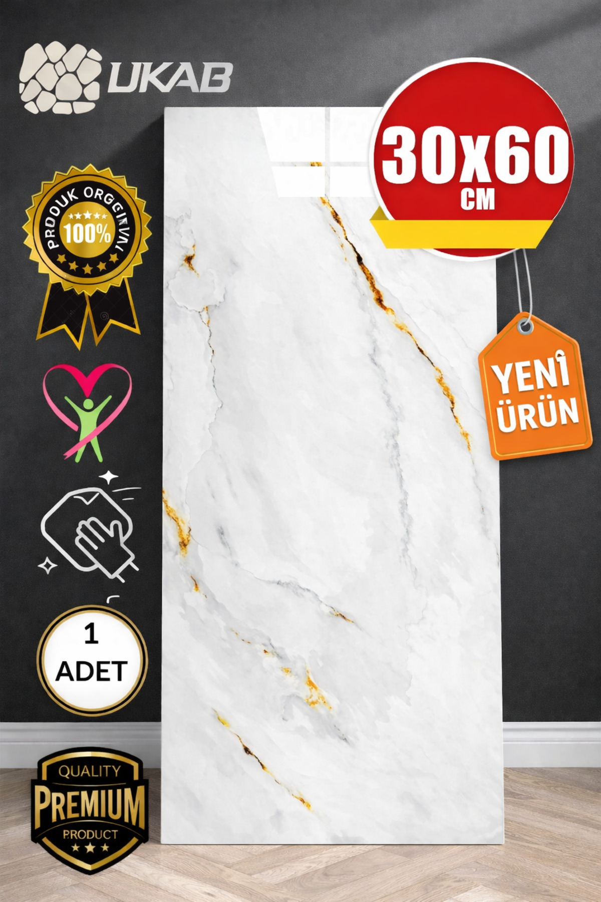 UKAB DEKOR 30X60cm 1 Adet Gold Bej Mermer Desen Yapışkanlı Banyo,Tezgah ...