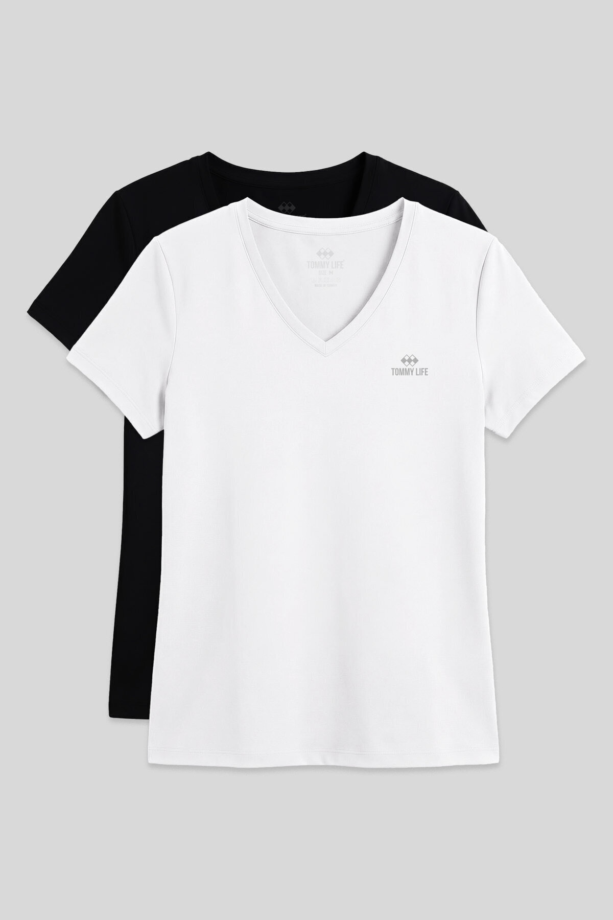 TOMMY LIFE Standart Kalıp Basic V Yaka 2li Paket Siyah-Beyaz Kadın T ...