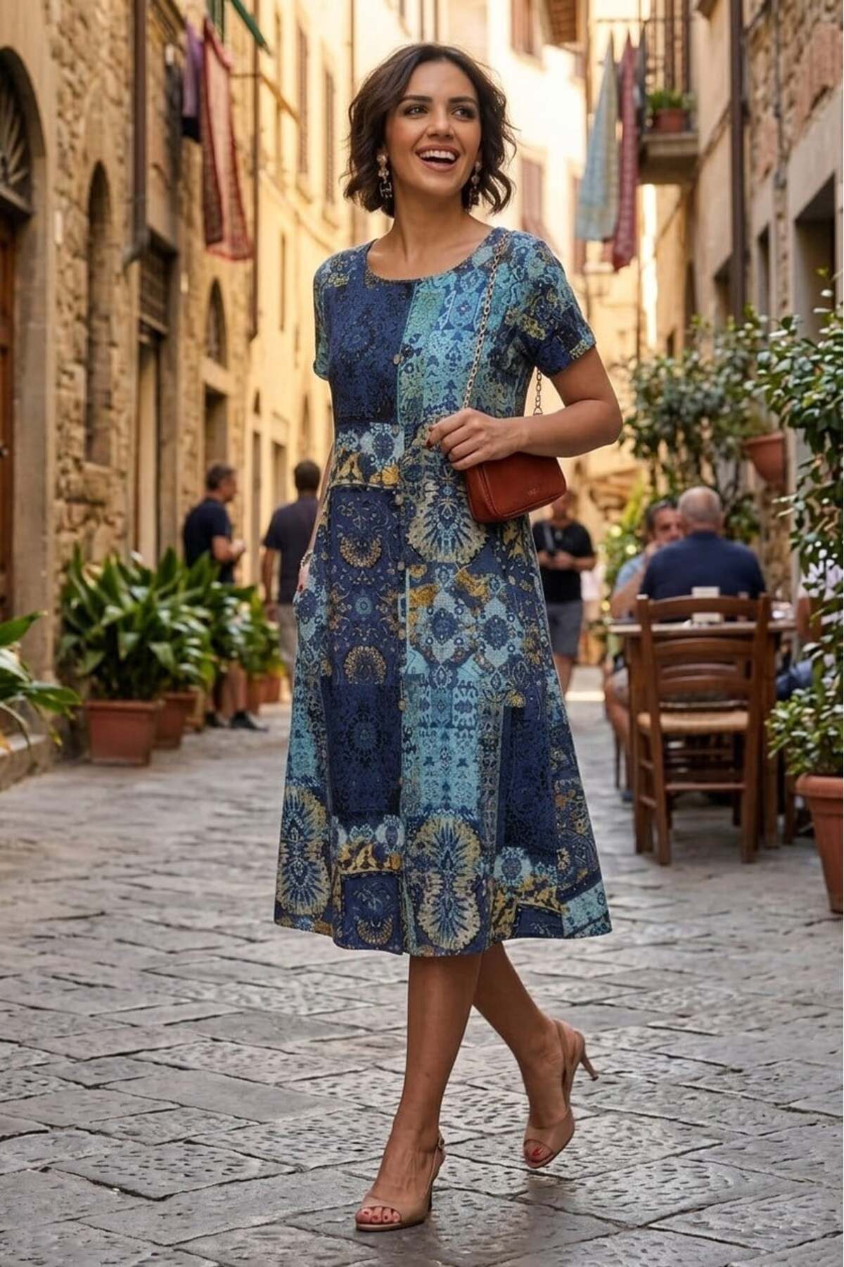 Nevin Kaya Moda Rochie cu guler rotund, culoare albastră chihlimbar cu ...