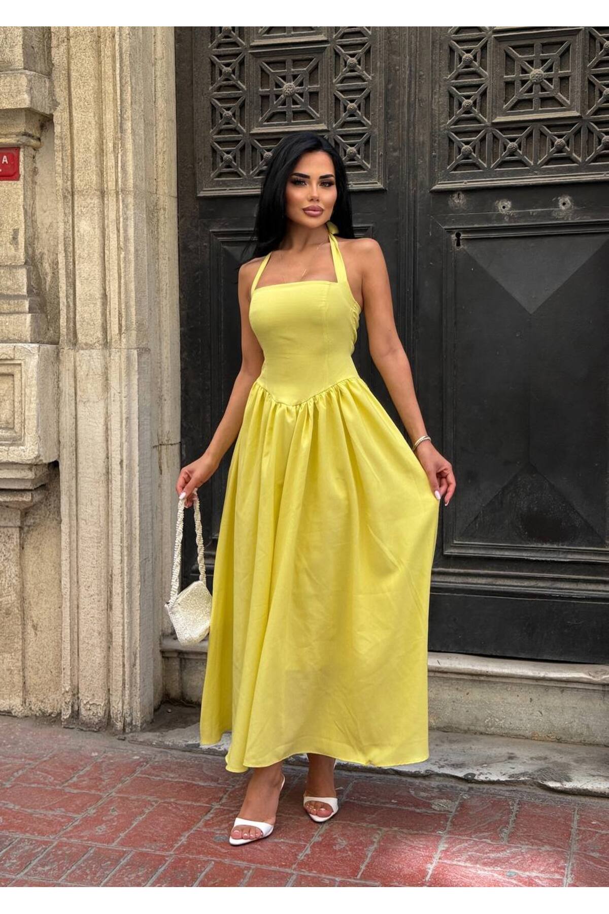 NEW JOURNAL Rochie maxi galbenă pentru femei, cu guler halter și ...