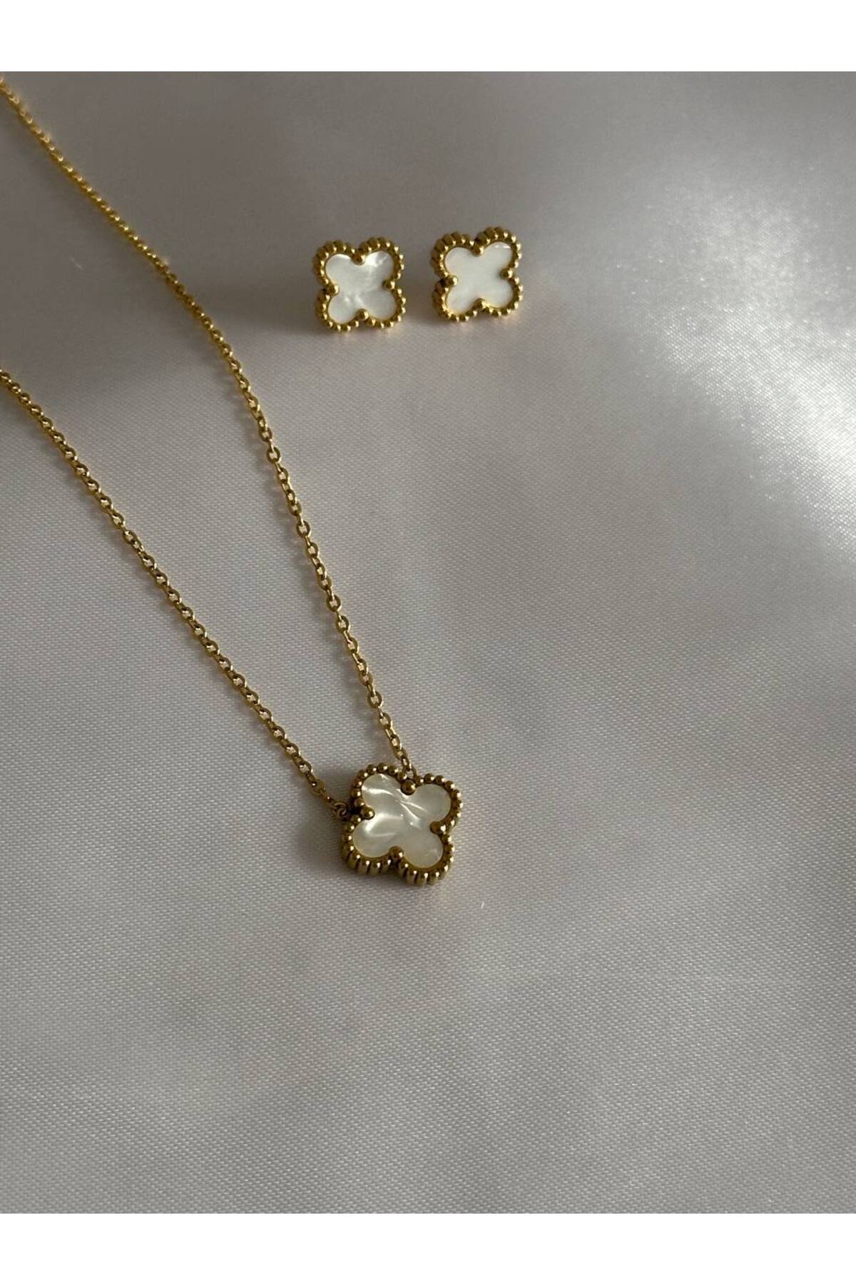 ANGELSS JEWELLERY Çelik Çift Tarflı Gold-Beyaz Yonca Model Kolye ve ...
