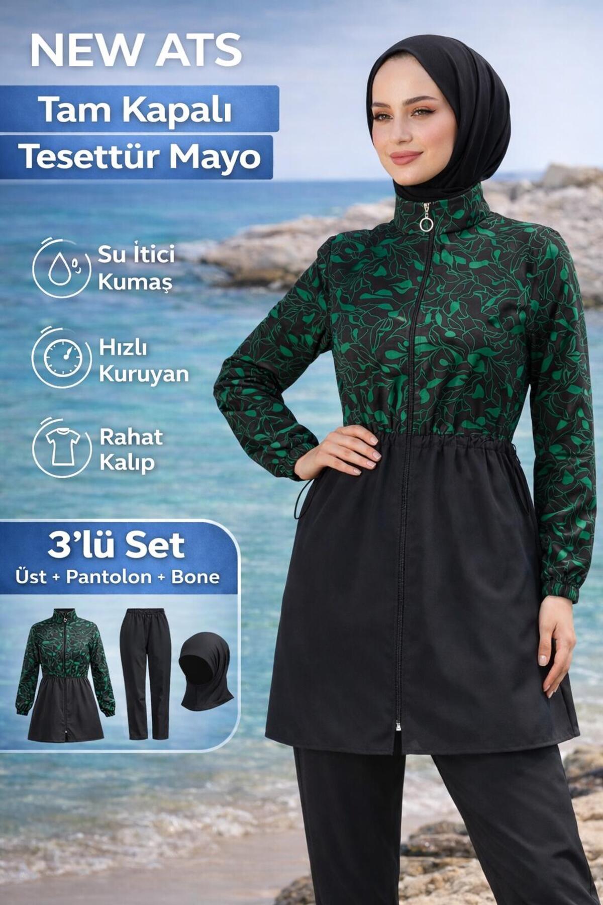 new ats Tam Kapalı Desenli Hijab Tesettür Mayo 3 lü set paraşüt kumaş ...