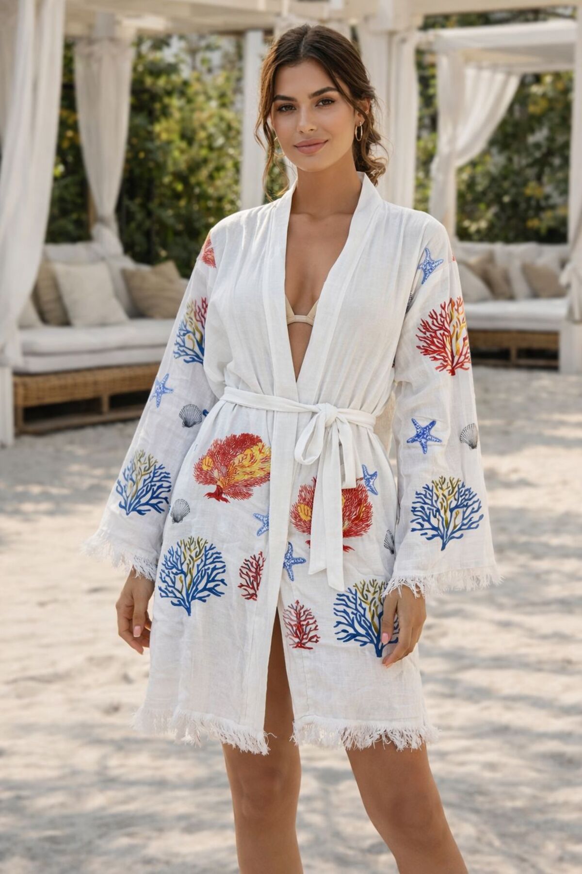 Çeşme Home %100 Pamuk Müslin Kimono Bornoz Nakışlı Desenli Plaj Kaftanı ...