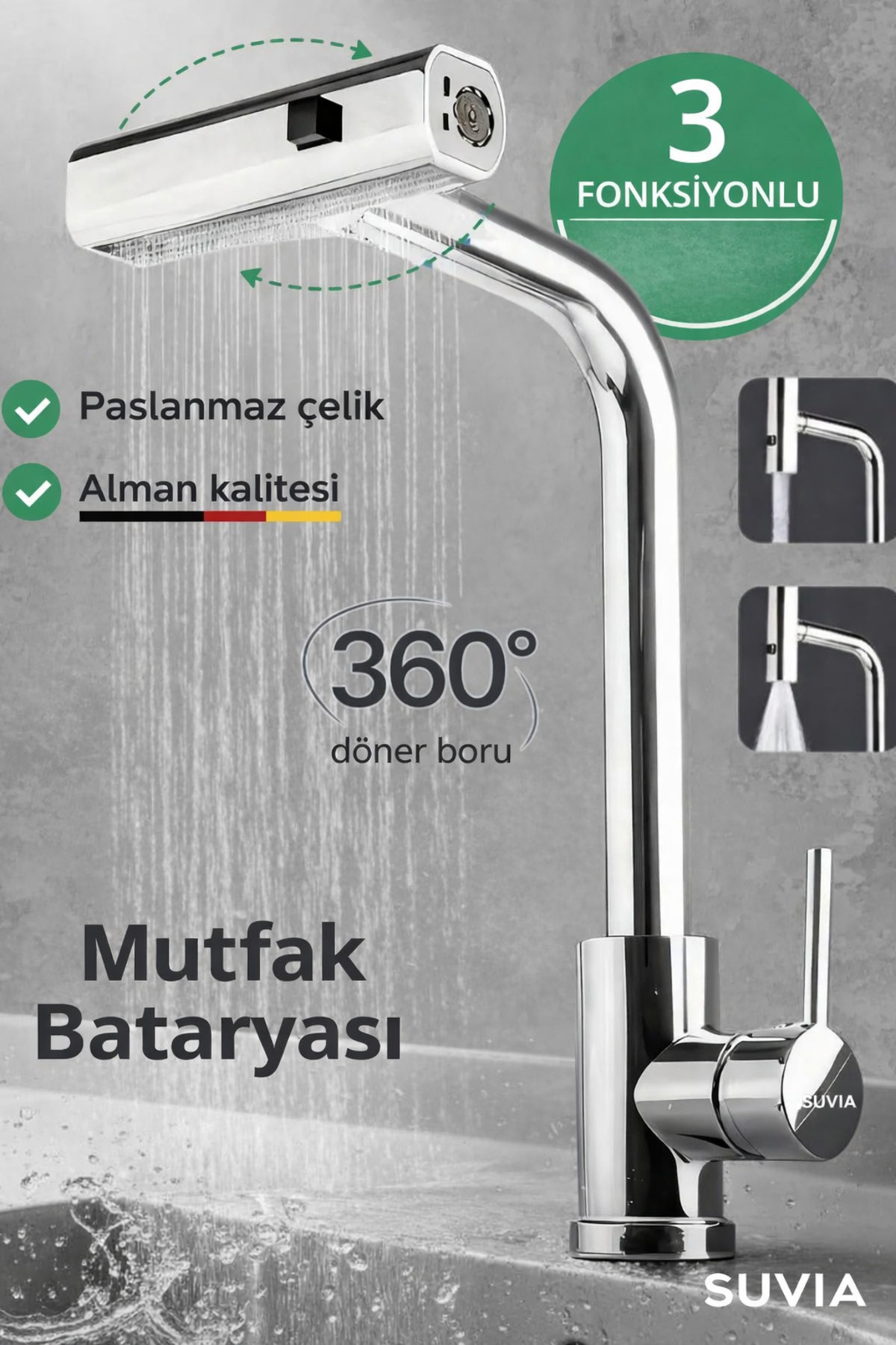 SUVİA Mutfak Bataryası 3 Fonksiyonlu 360° Döner Uzatmalı Musluk ...