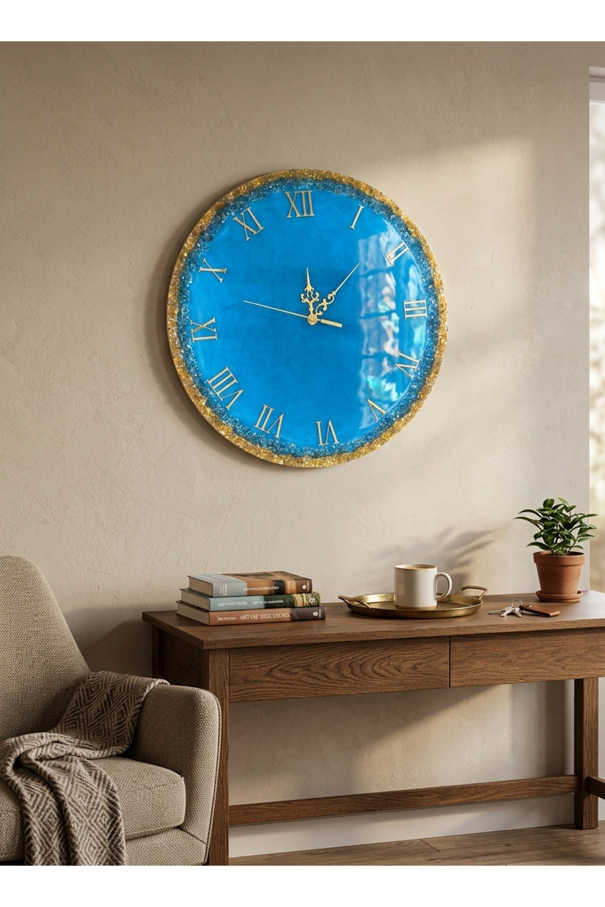 Home Duvar Saati- 35 cm-Şık Mavi Ve Gold Duvar Saati-El Yapımı Epoksi ...