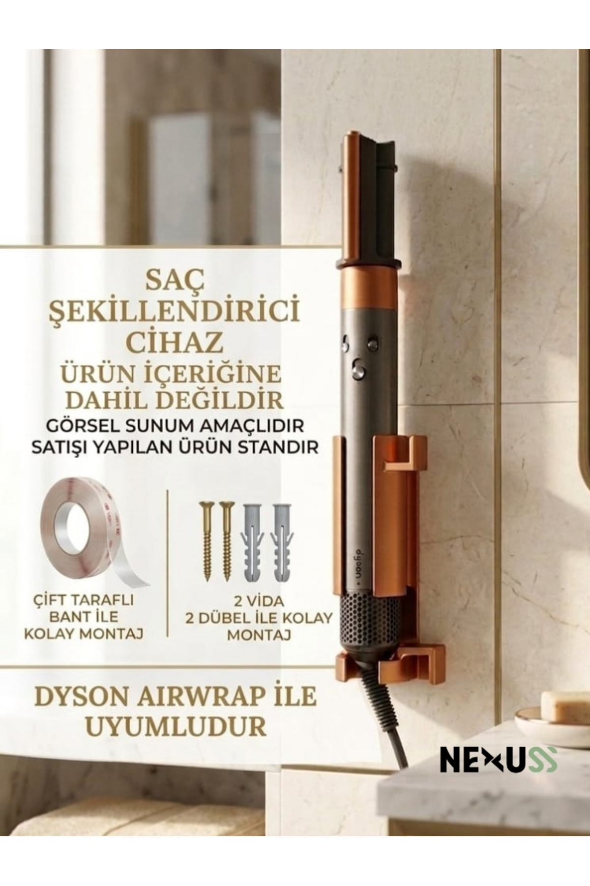 NEXUSS DESIGN Airwrap - Airstrait Uyumlu Duvar Standı, Bakır Renk Saç ...