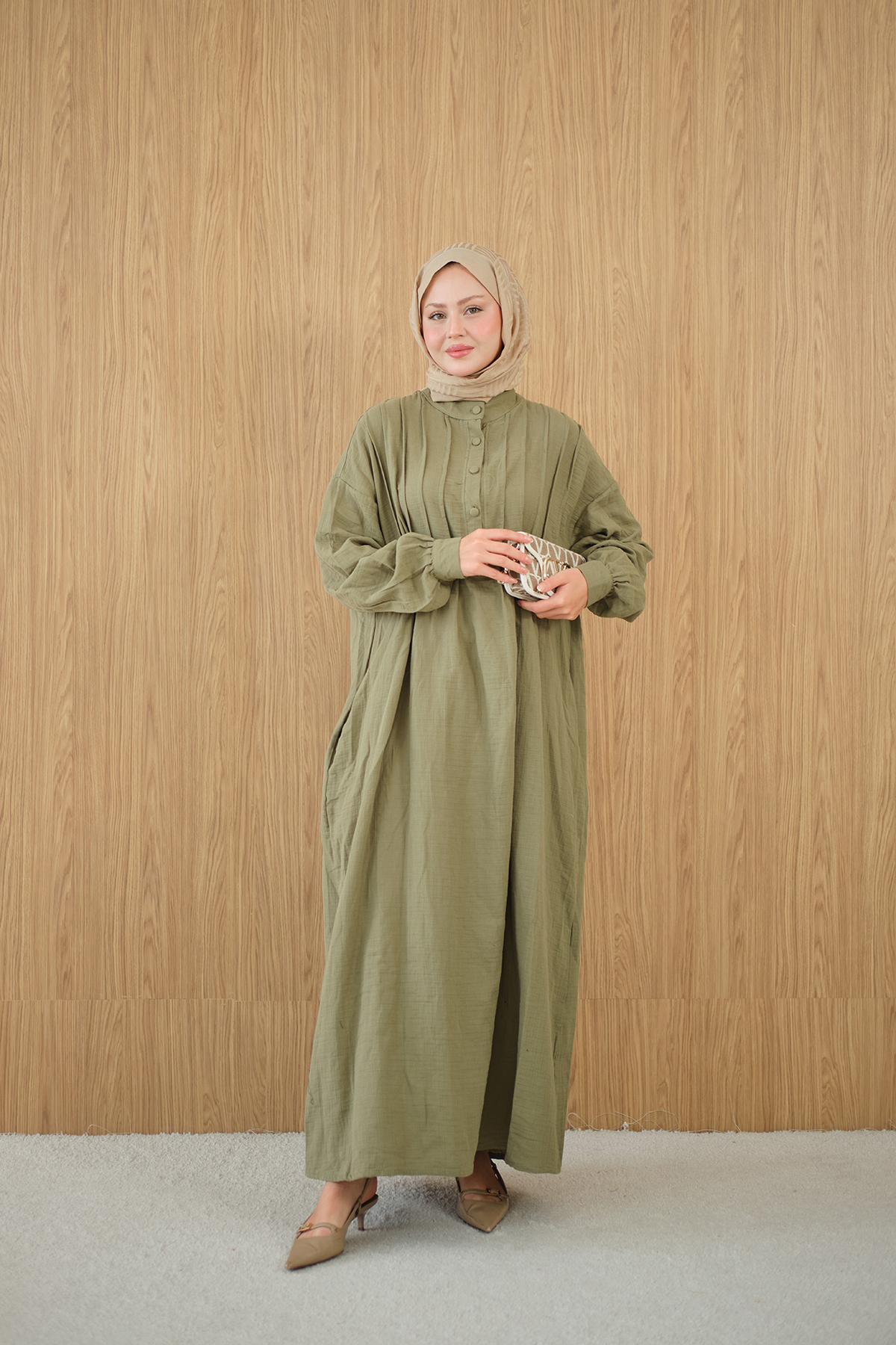 LOCCO Women's Ribbed Front Crew Neck Linen Dress Green- Trendyol