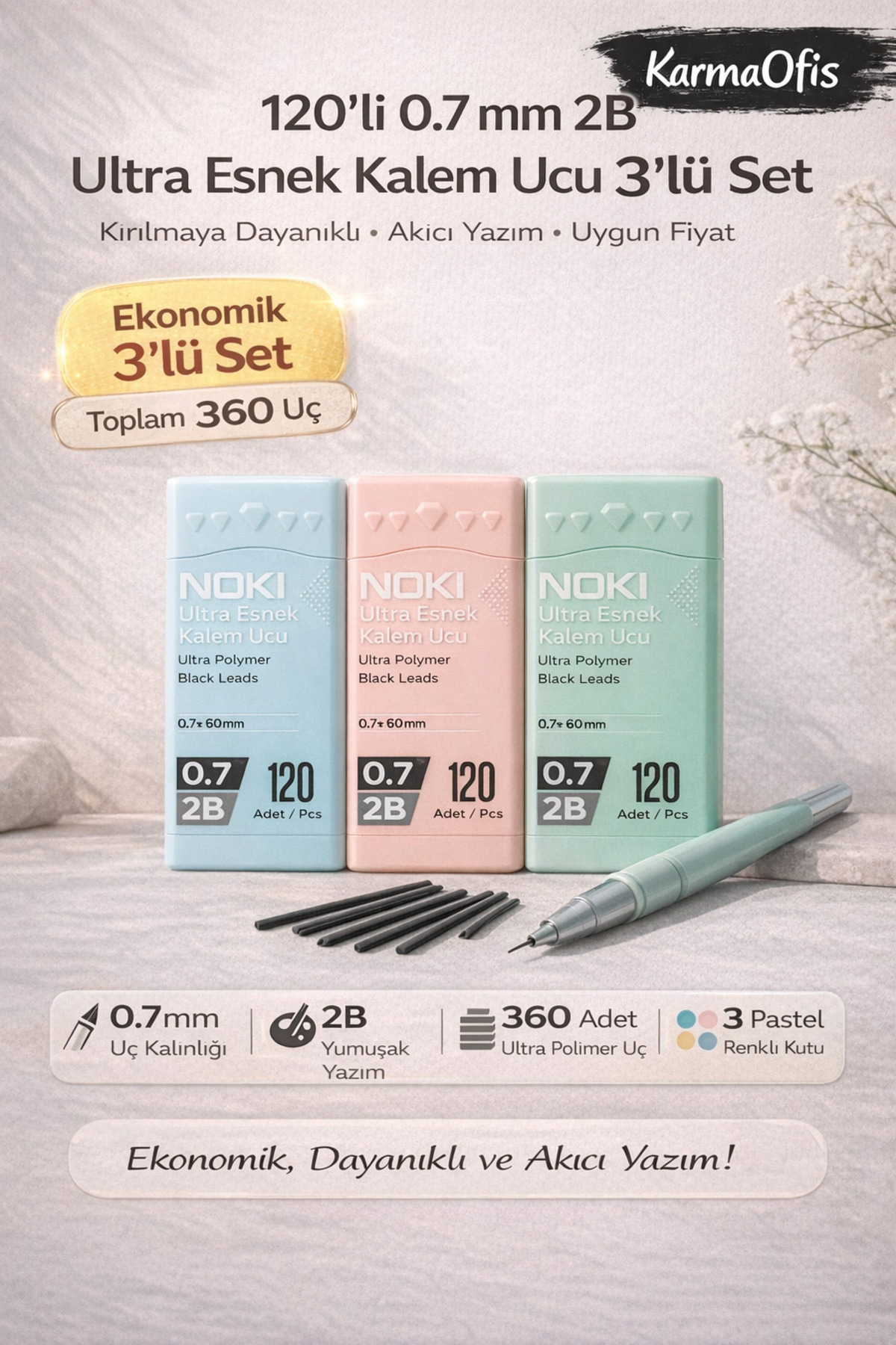 KarmaOfis 120’li 0.7 mm 2B Ultra Esnek Kalem Ucu 3’lü Set | Kırılmaya ...