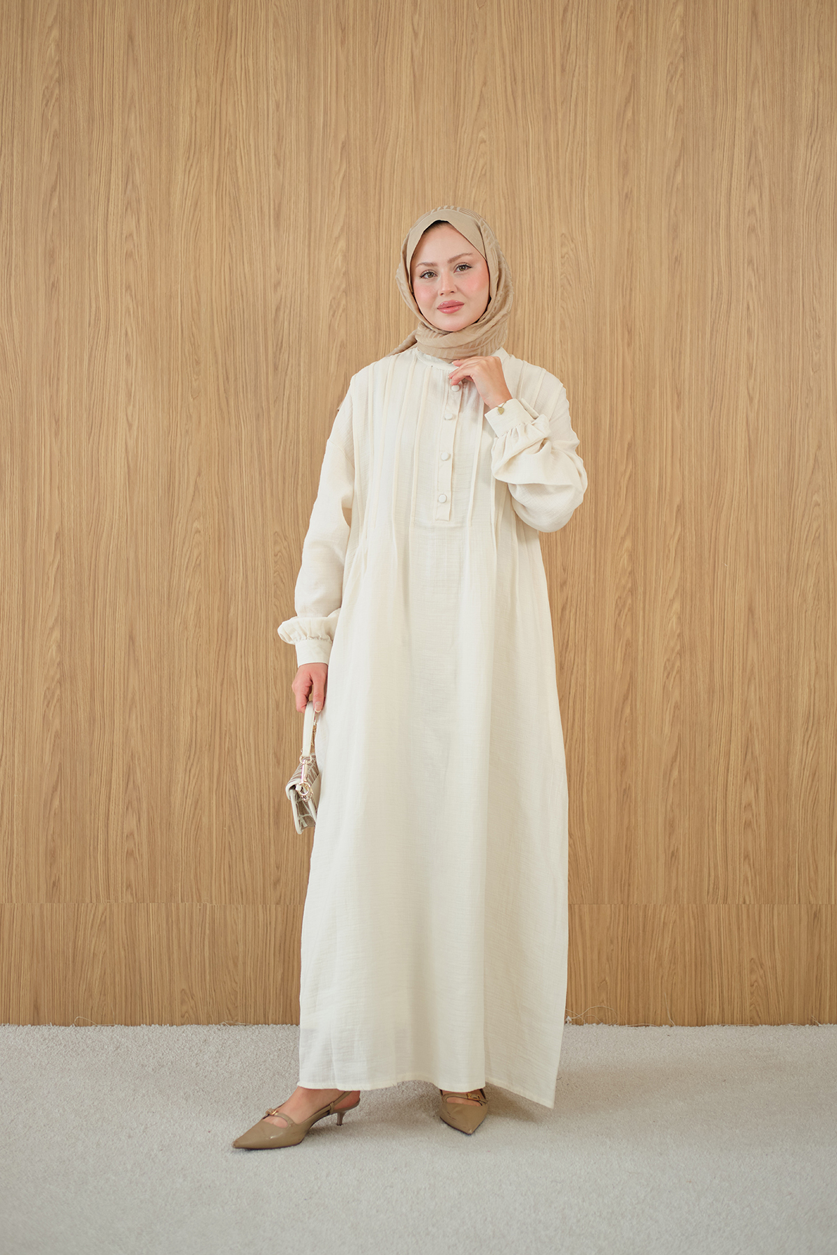 LOCCO Women's Ribbed Front Crew Neck Linen Dress Ecru- Trendyol