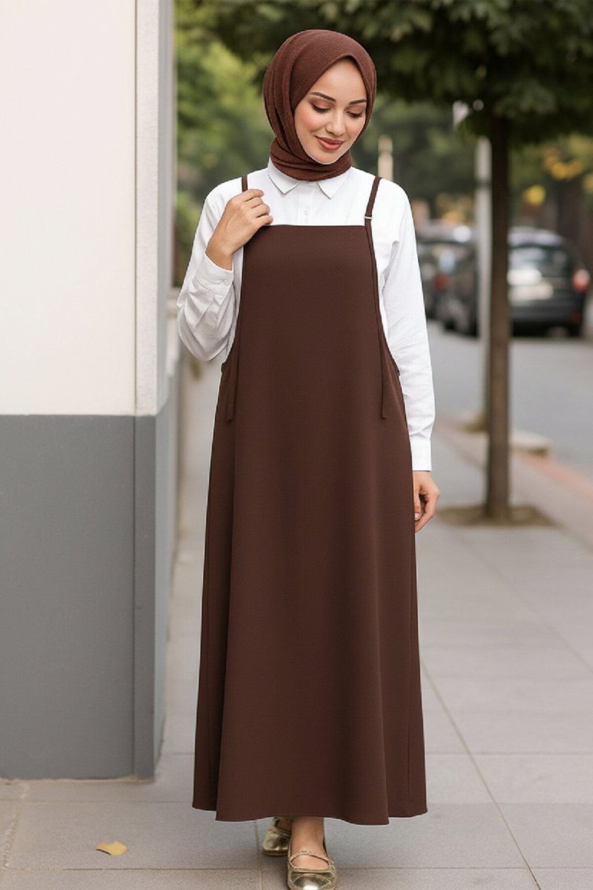 ikikareshop Kadın Acı Kahverengi Basic Ayarlanabilir Askılı Jile Elbise ...