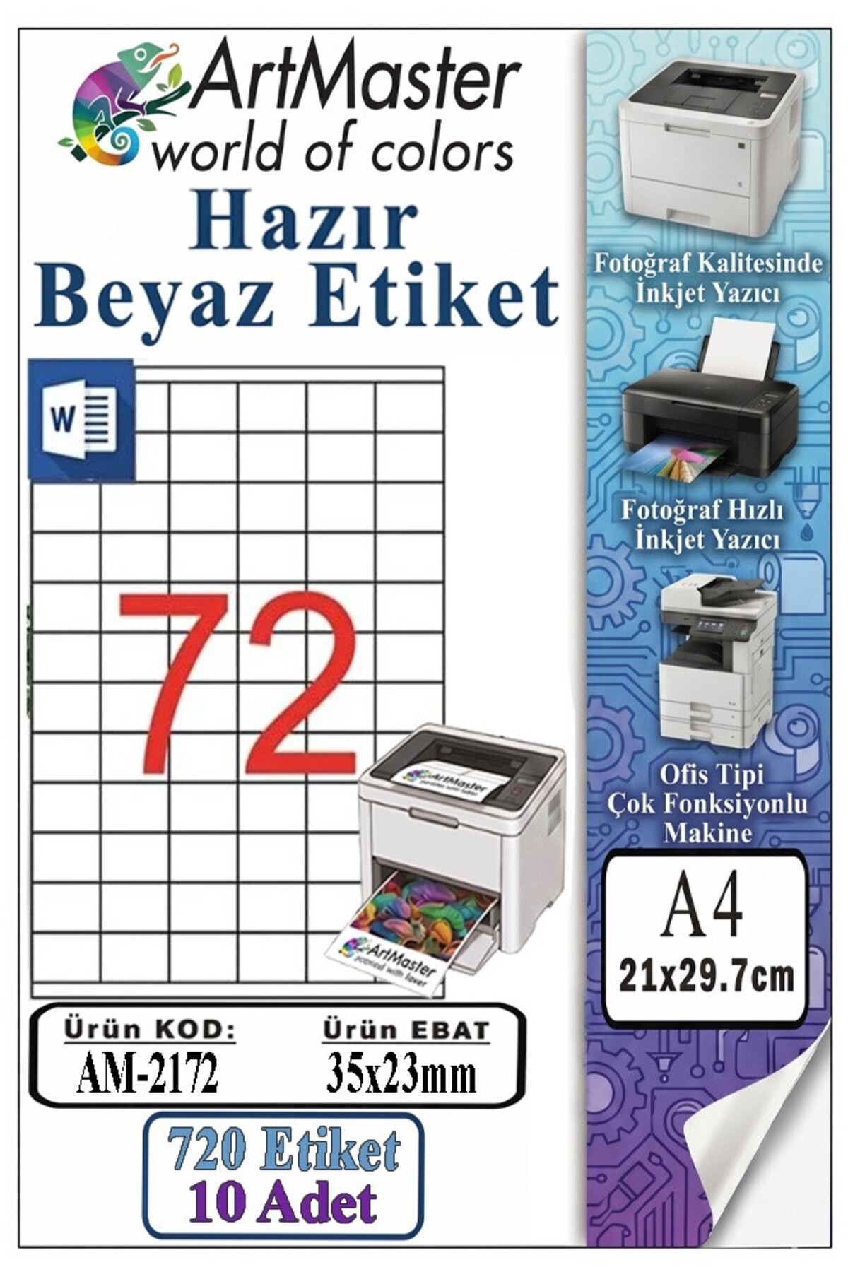 Artmaster A4 Hazır Beyaz Etiket 35x23mm 10 Sayfa 1 Paket 72 li ...