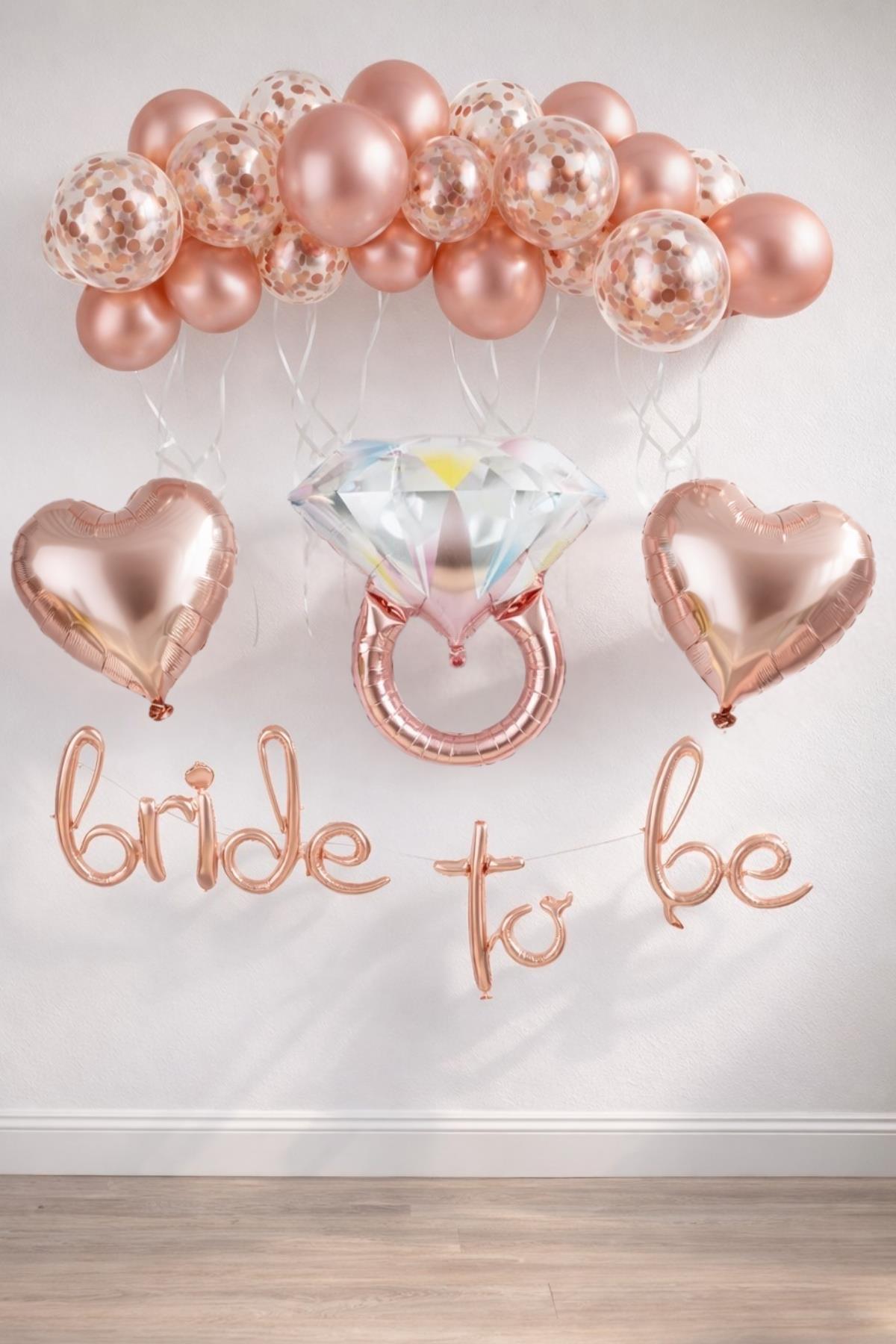 GOLDCENTER Bride To Be El Yazısı, Tek Taş Yüzük Ve Kalp Folyo Balonlu ...