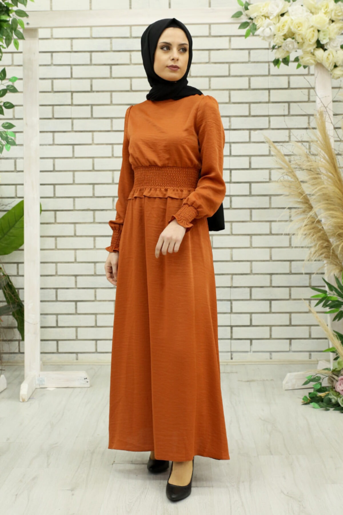 Feiza Collection Beli Büzgülü Tesettür Elbise - Kiremit Fiyatı ...