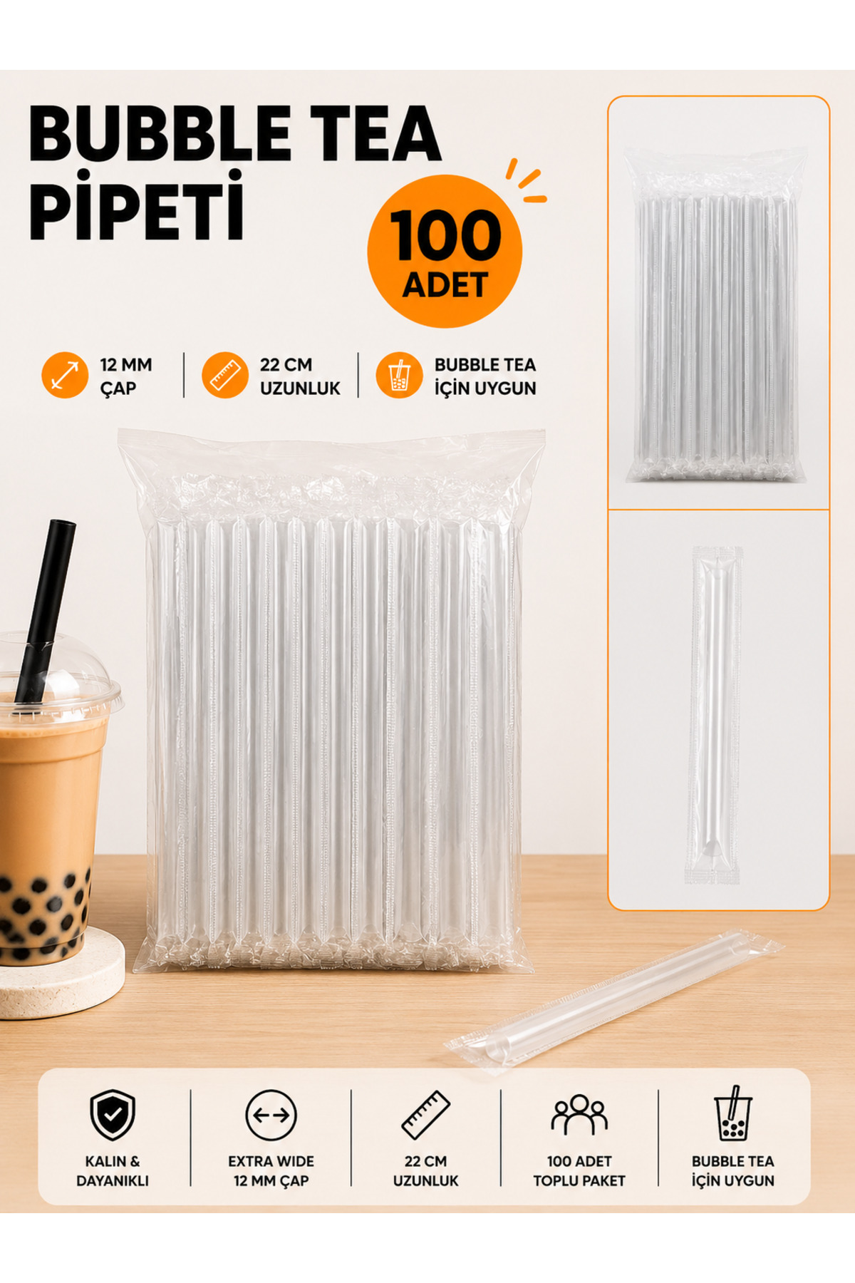 ardin Jelatinli Bubble Tea Pipeti 12 mm 22 cm Kalın Smoothie Frozen ...