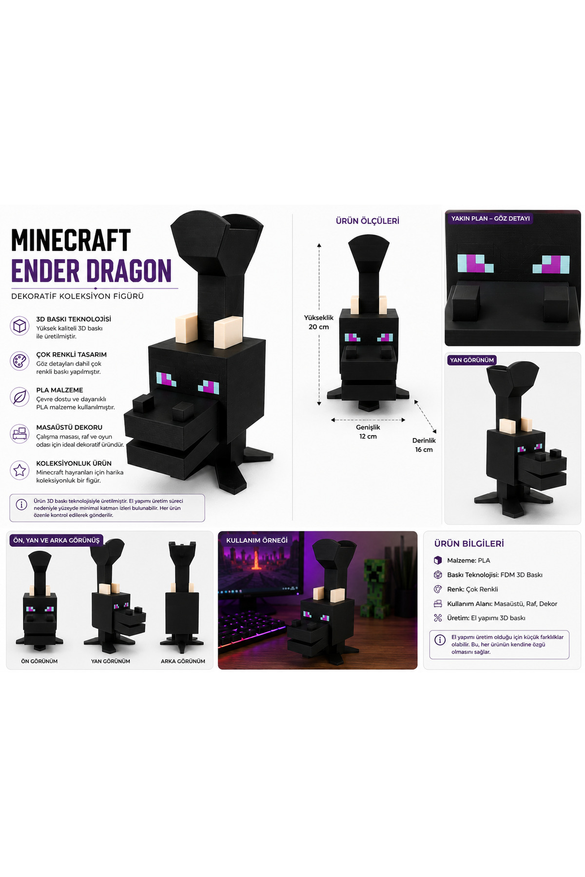 SAF HOBİ ATÖLYE DESİGN Minecraft Ender Dragon Çok Renkli 3D Baskı ...