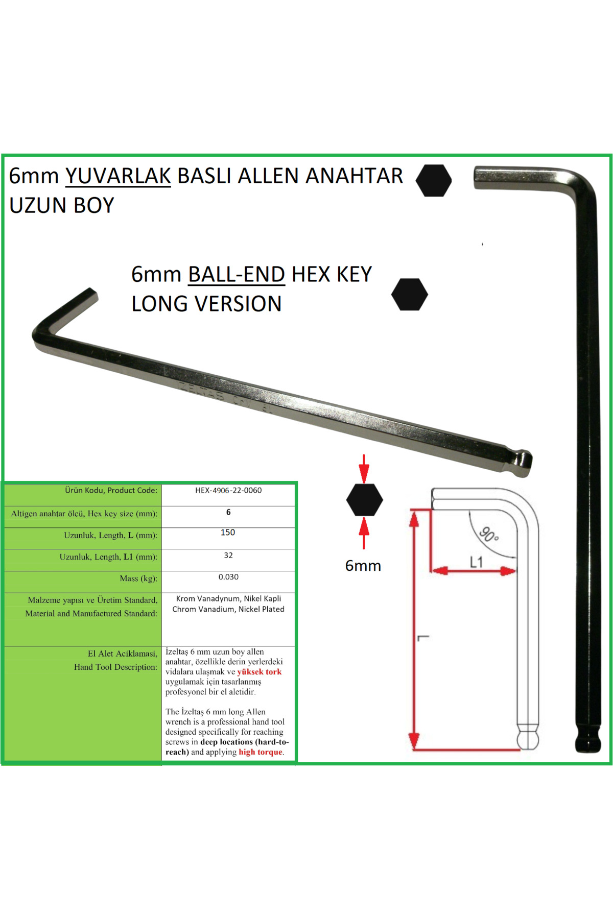 İzeltaş 6mm ALLEN ANAHTAR ALTIGEN UZUN BOY, HEX KEY WRENCH LONG PATTERN ...
