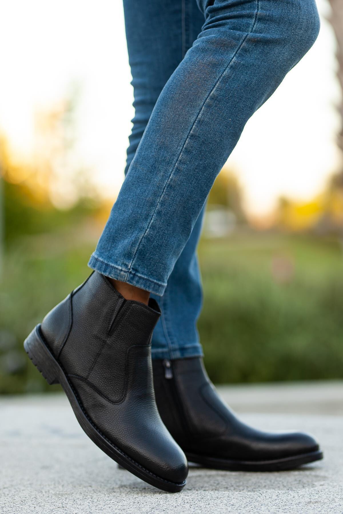 MUGGO Erkek Siyah Hakiki Deri Bot M027