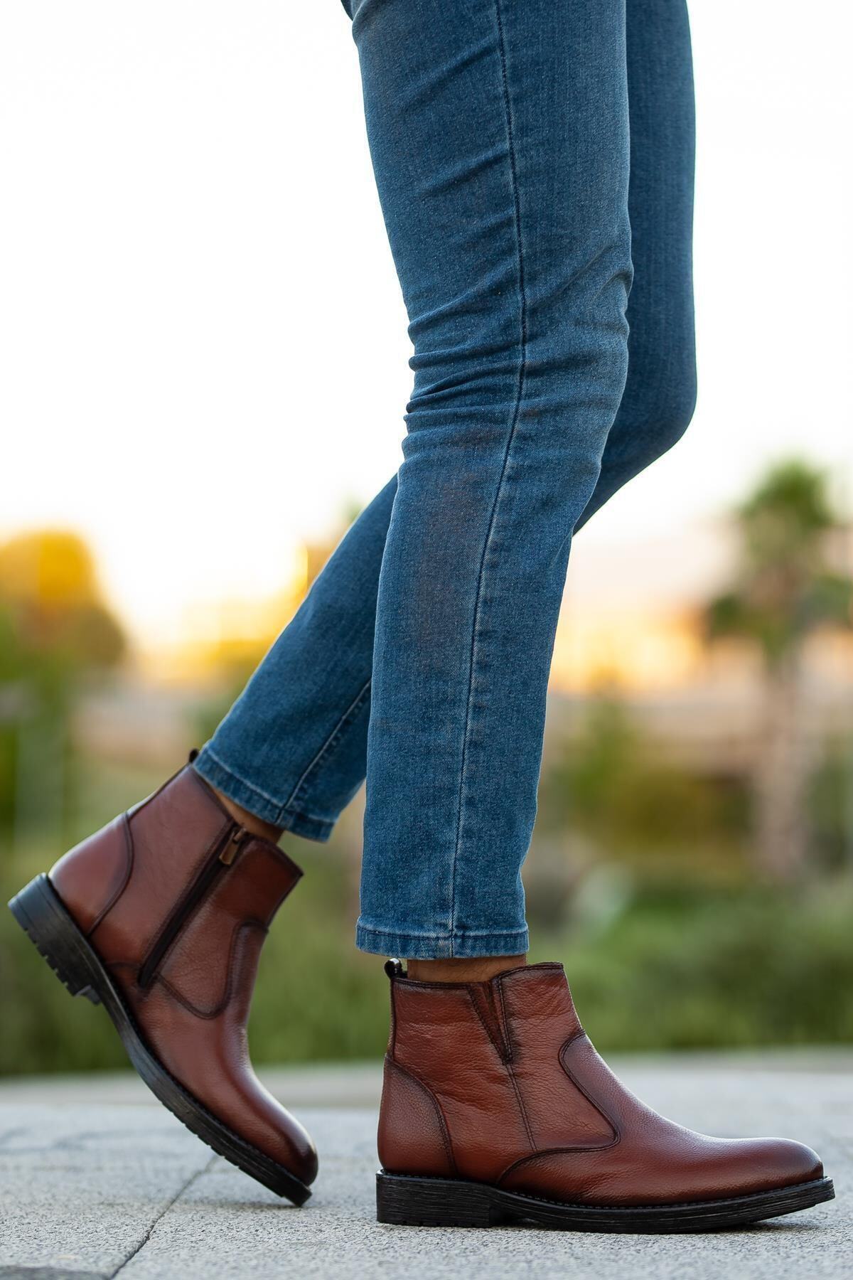 MUGGO Erkek Kahverengi Hakiki Deri Bot M027