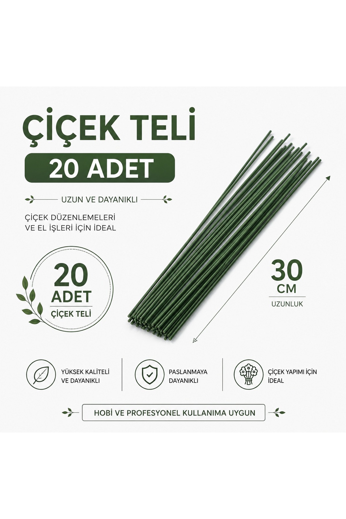 WAXERA Yeşil Çiçek Teli – 20 Adet (30 cm) 2 mm - Fiyatı, Yorumları