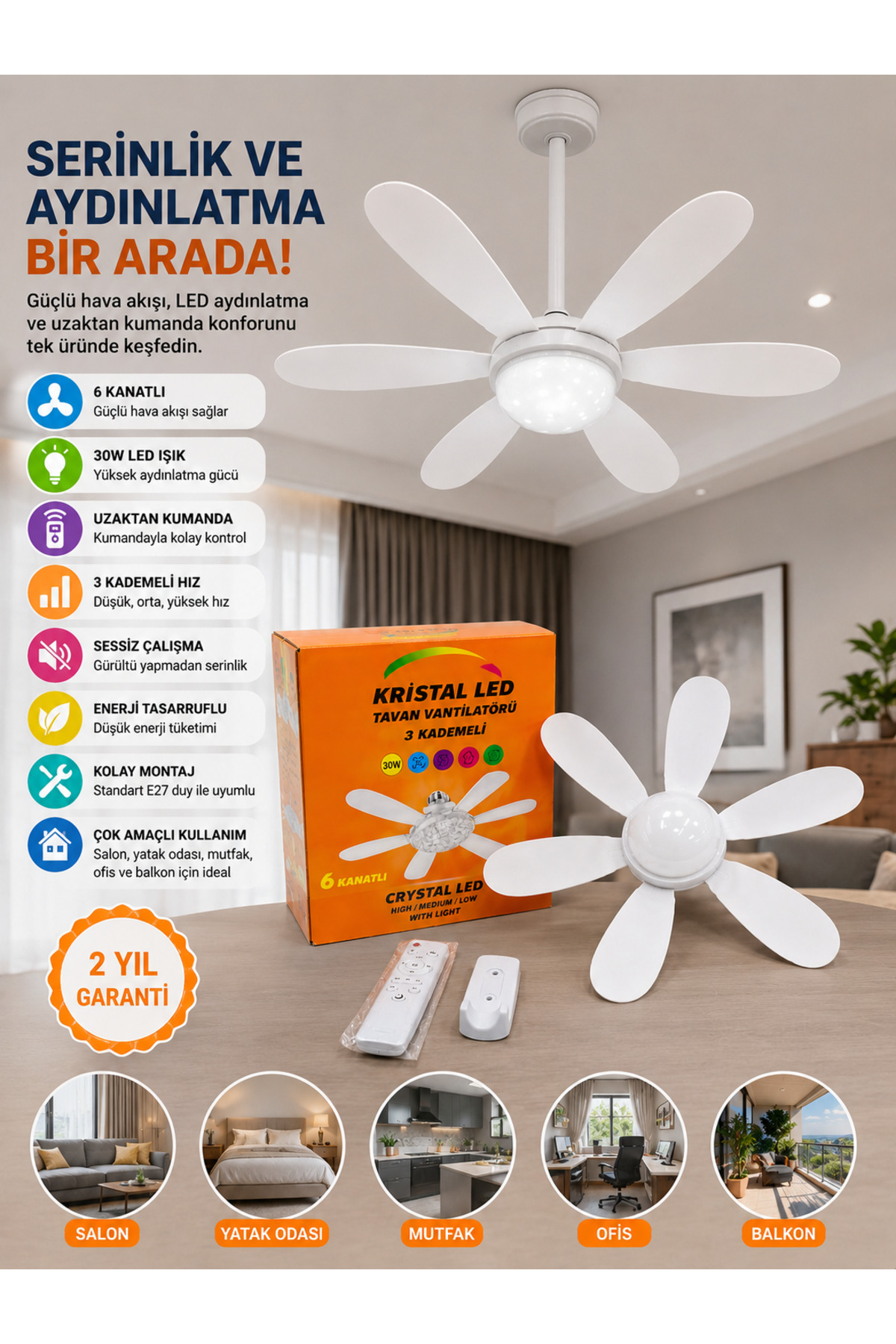 overaz Kristal LED Işıklı Tavan Vantilatörü 6 Kanatlı Kumandalı 30W E27 ...