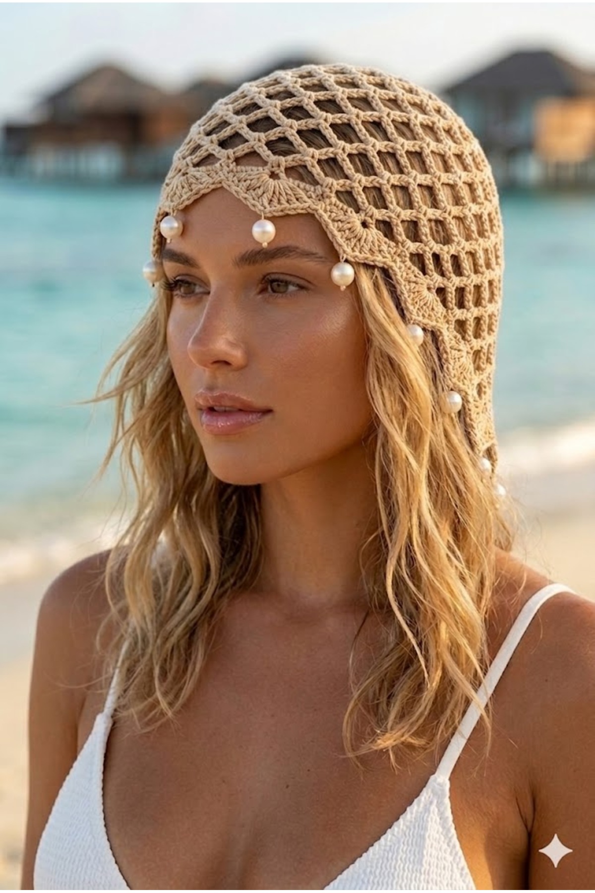 Belifanti Collection Kadın Bej Yazlık File Bandana Şapka İncili Örgü ...
