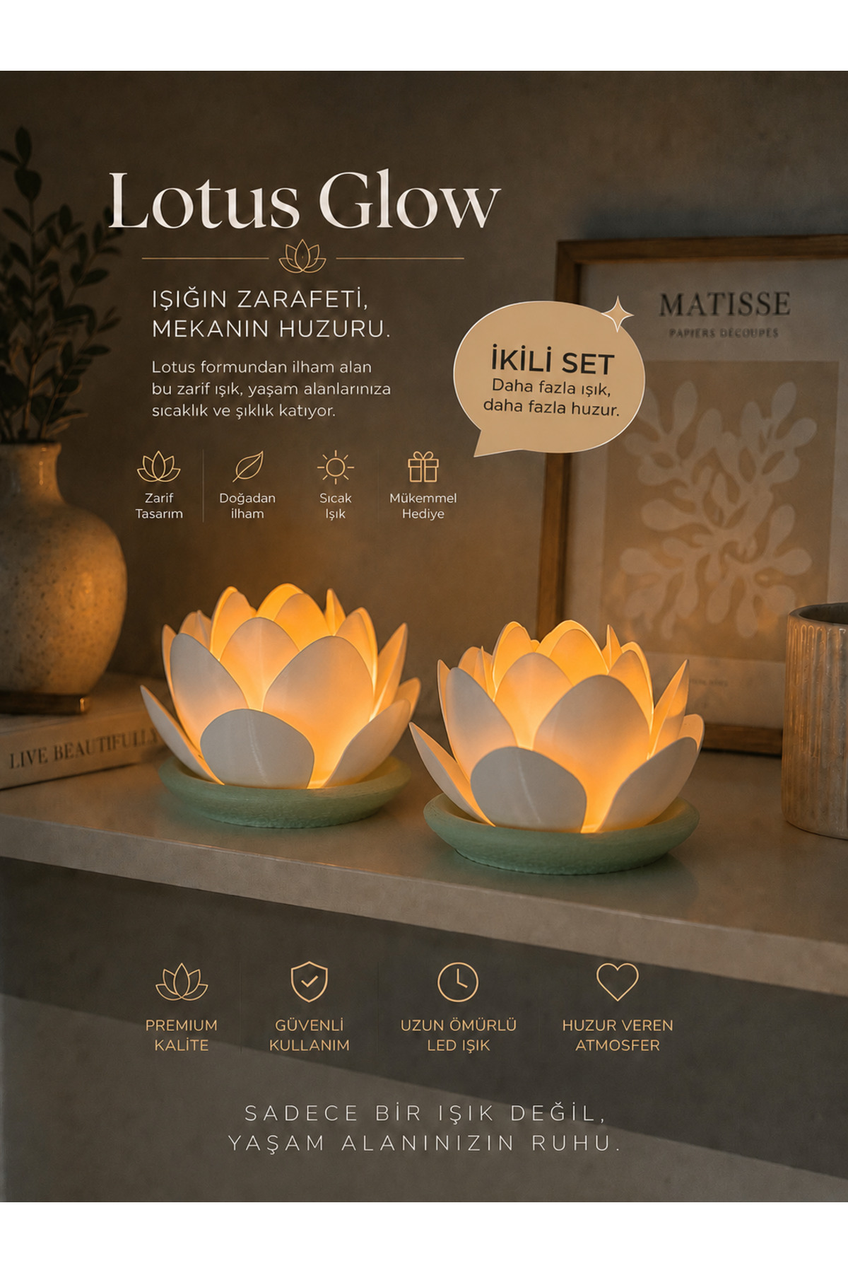 zulya Lotus İkili Set LED Mumluk – Dekoratif Lotus Çiçeği Gece Lambası ...