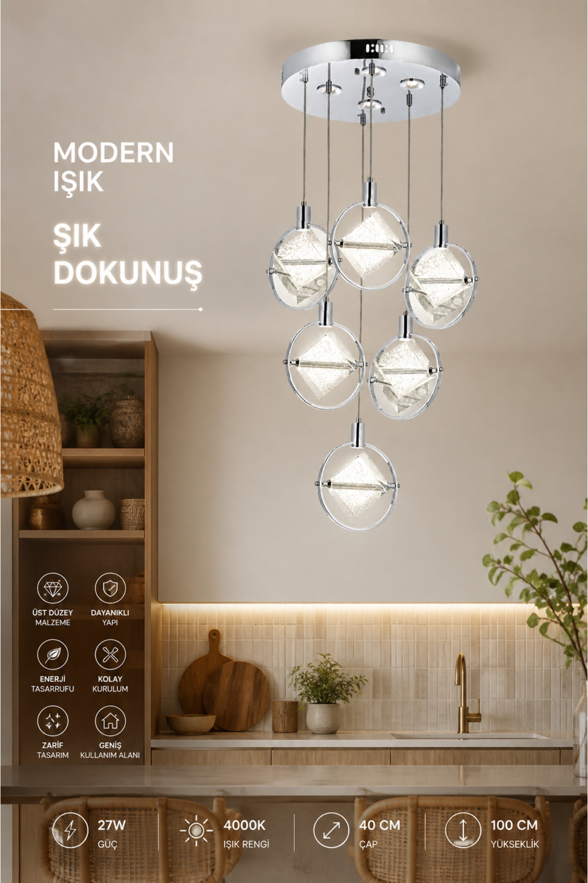 Elvora Home Modern (PREMİUM) Krom 6'lı Sarkıt Avizesi LEDli Cam 27W ...