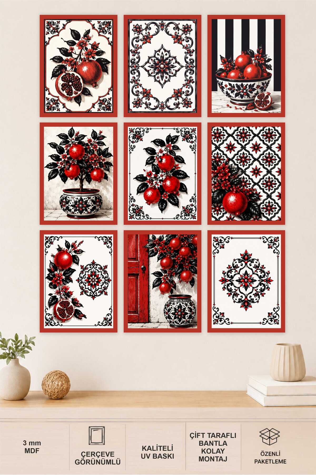 UNT Nar Motifli Siyah Kırmızı Dekoratif MDF Tablo Seti – 9 Parça Modern ...