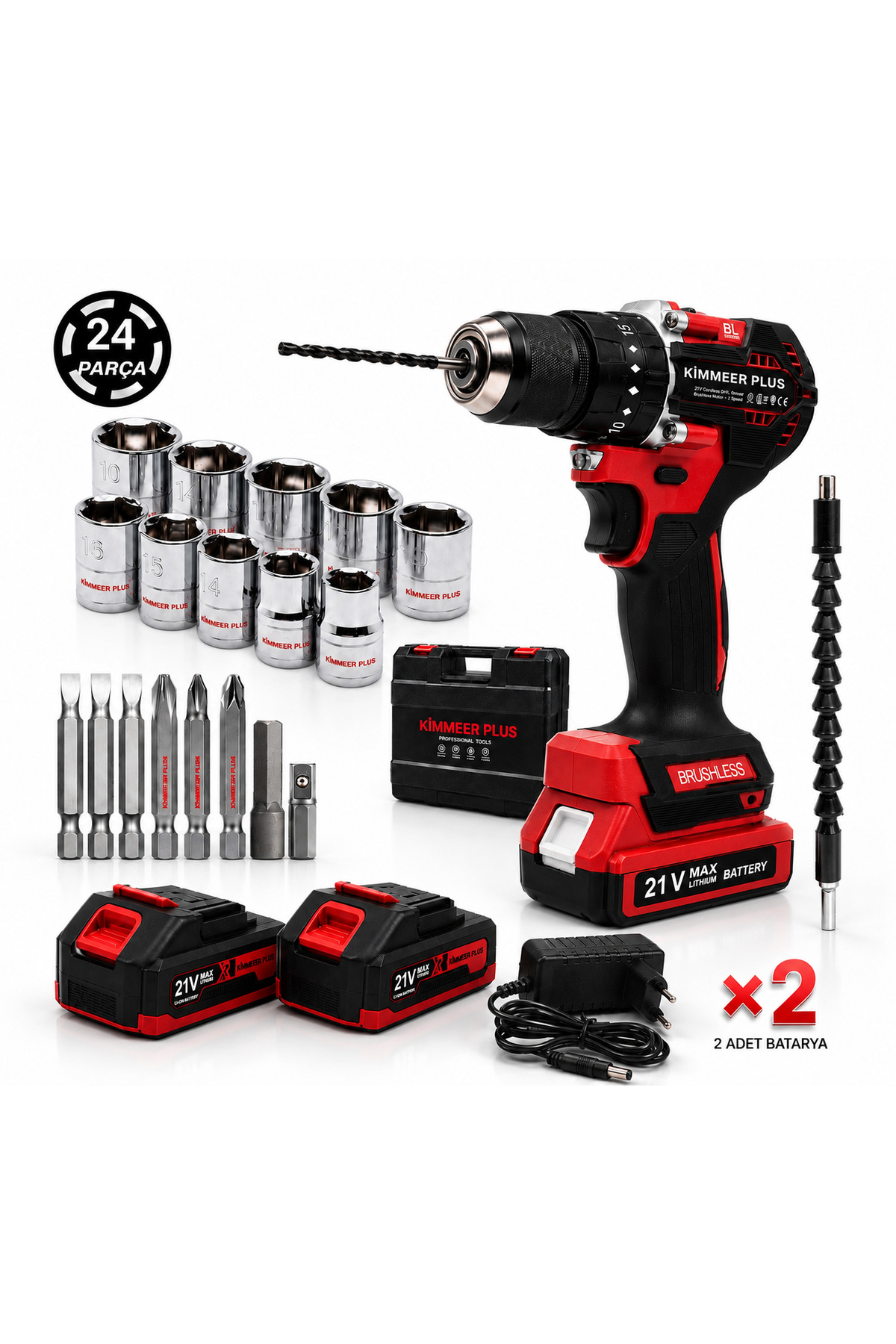 KİMMEER PLUS 21 V 5 PİLLİ ÇİFT AKÜLÜ KÖMÜRSÜZ 24 PARÇA ÇELİK MANDREN ...