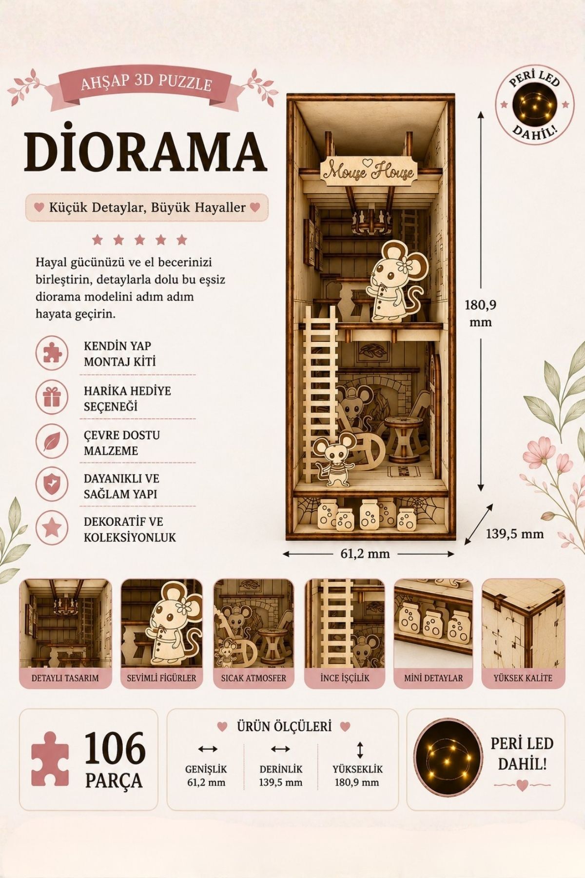 ALGWOOD Mouse House Ahşap 3D Puzzle Diorama Kitap Ayracı – Peri LED ...