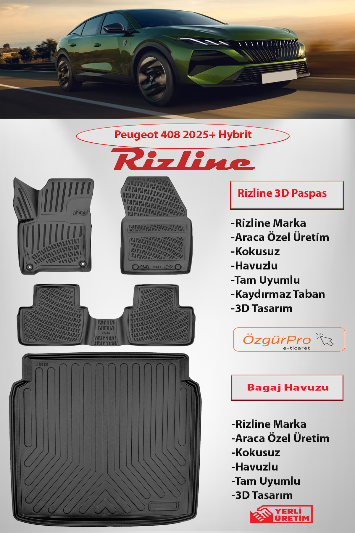 Rizline Peugeot 408 1.2 Mhev Hybrit 2025 ve Sonrası 3D Havuzlu Paspas ...